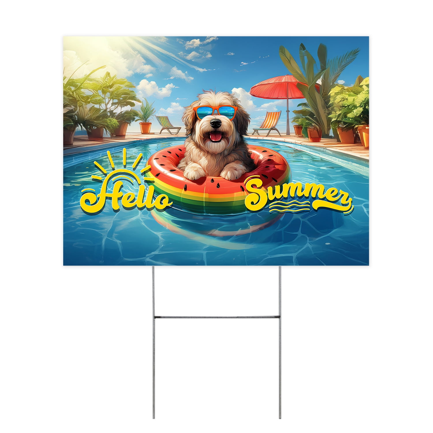 Hello Summer Old English Sheepdog Pool Day on Watermelon Float Yard ...