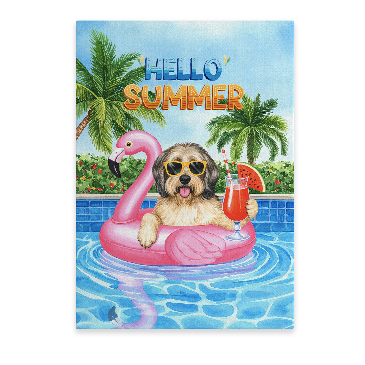 Hello Summer Old English Sheepdog at Swimming Pool Flamingo Swim Ring ...