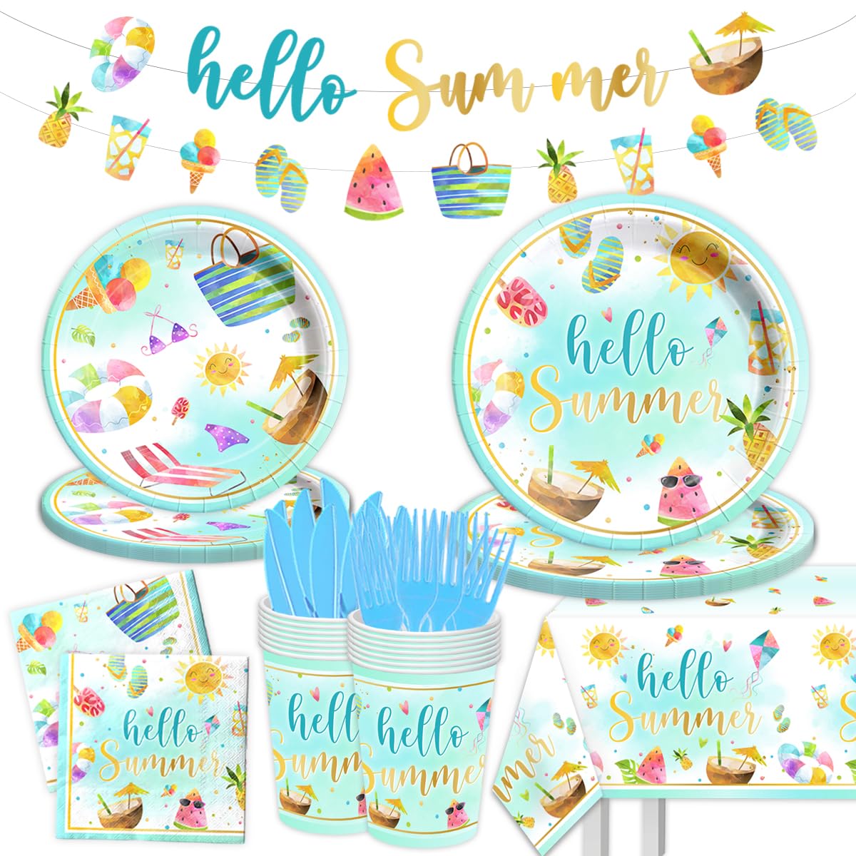 Hello Summer Party Decorations-143Pcs Beach Pool Party Paper Plates and ...