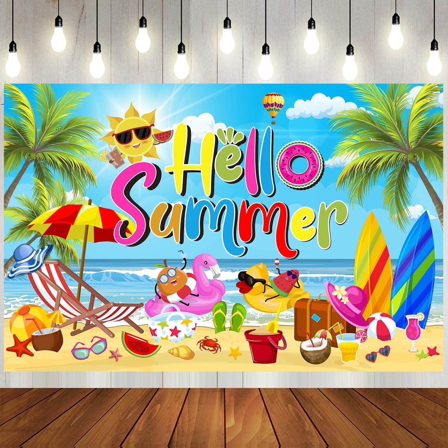 Hello Summer Party Photo Booth Backdrops Colorful Summer Hawaiian Beach ...