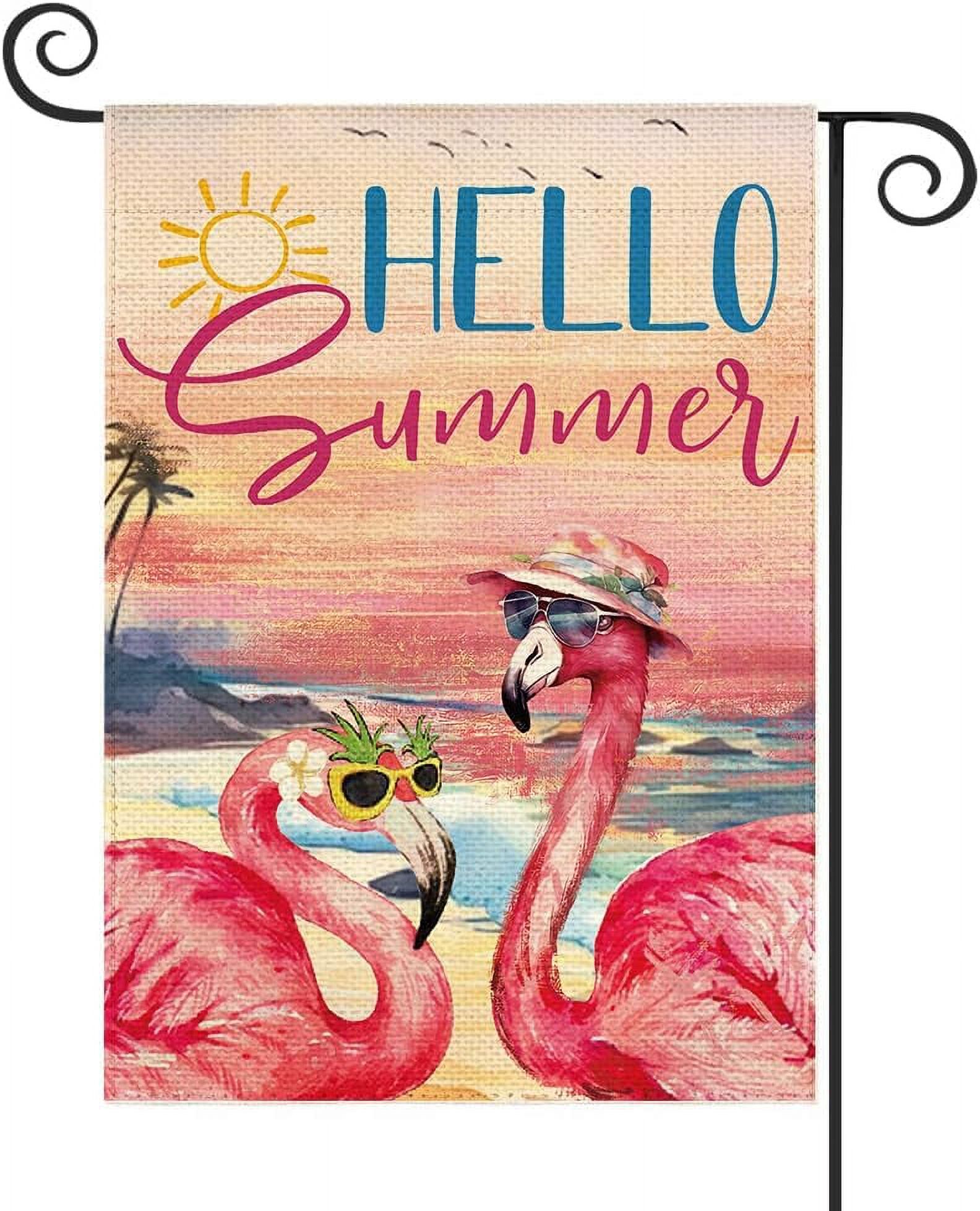 Hello Summer Pink Flamingo Garden Flag Double Sided Tropical Ocean ...