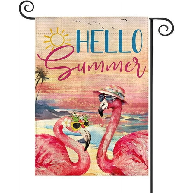 Hello Summer Pink Flamingo Garden Flag Double Sided Tropical Ocean ...