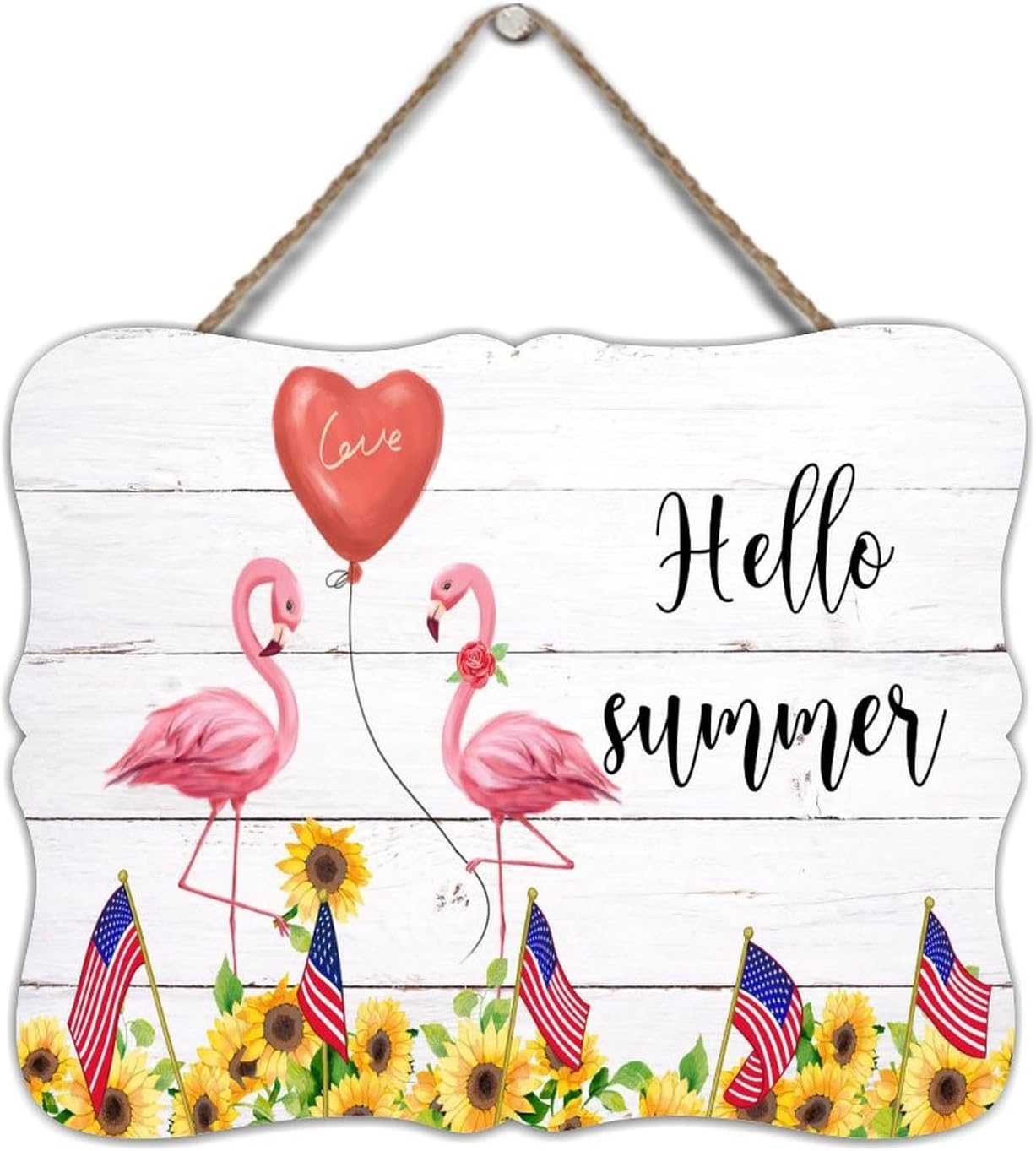 Hello Summer Pink Flamingo Sunflower Wooden Sign, 4th of July American ...