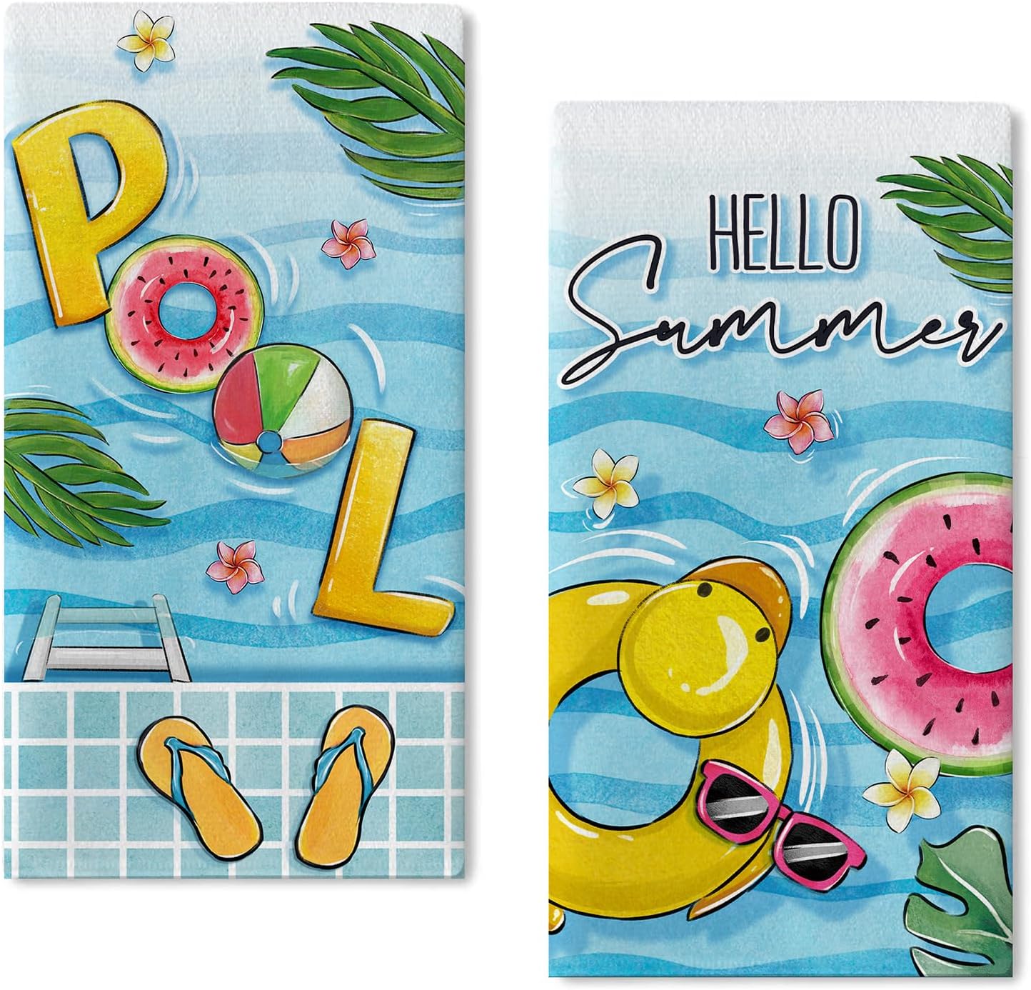 Hello Summer Pool Kitchen Dish Towels Set of 2, Duck Watermelon Swim ...