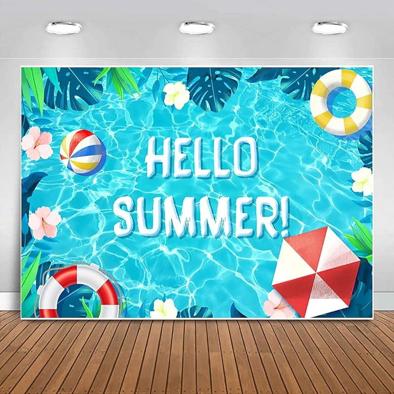 Hello Summer Pool Party Backdrop Tropical Swimming Ring Balls Hawaiian ...