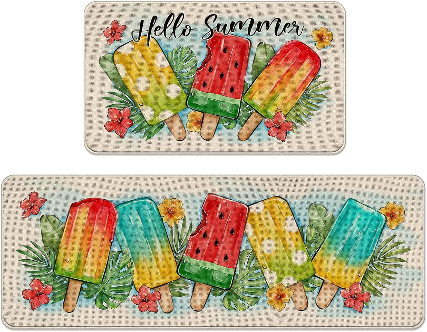 Hello Summer Popsicles Kitchen Rugs Set of 2, Tropical Palm Leaves ...