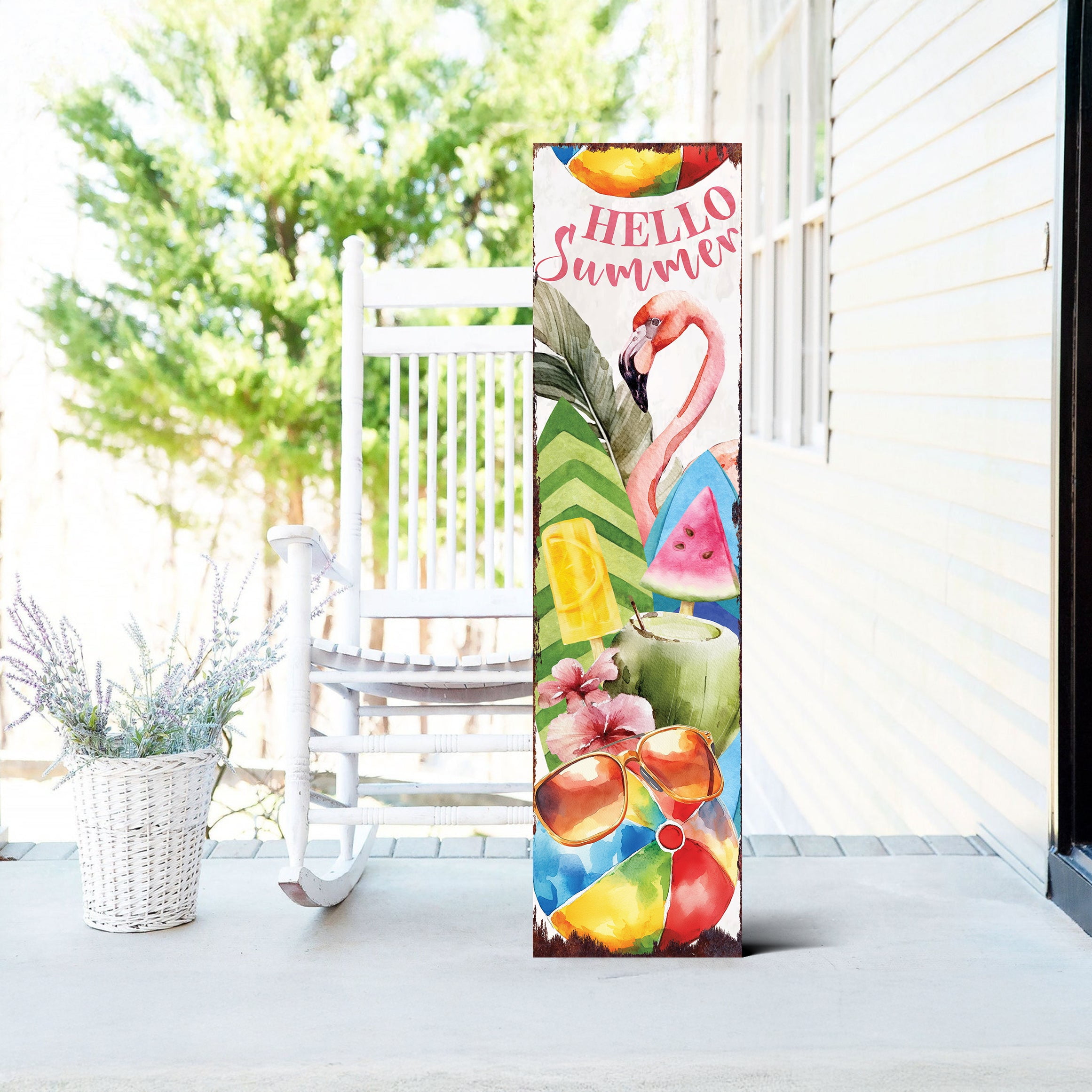 Hello Summer Porch Sign | Flamingo & Beach Ball Outdoor Decor | Multi ...