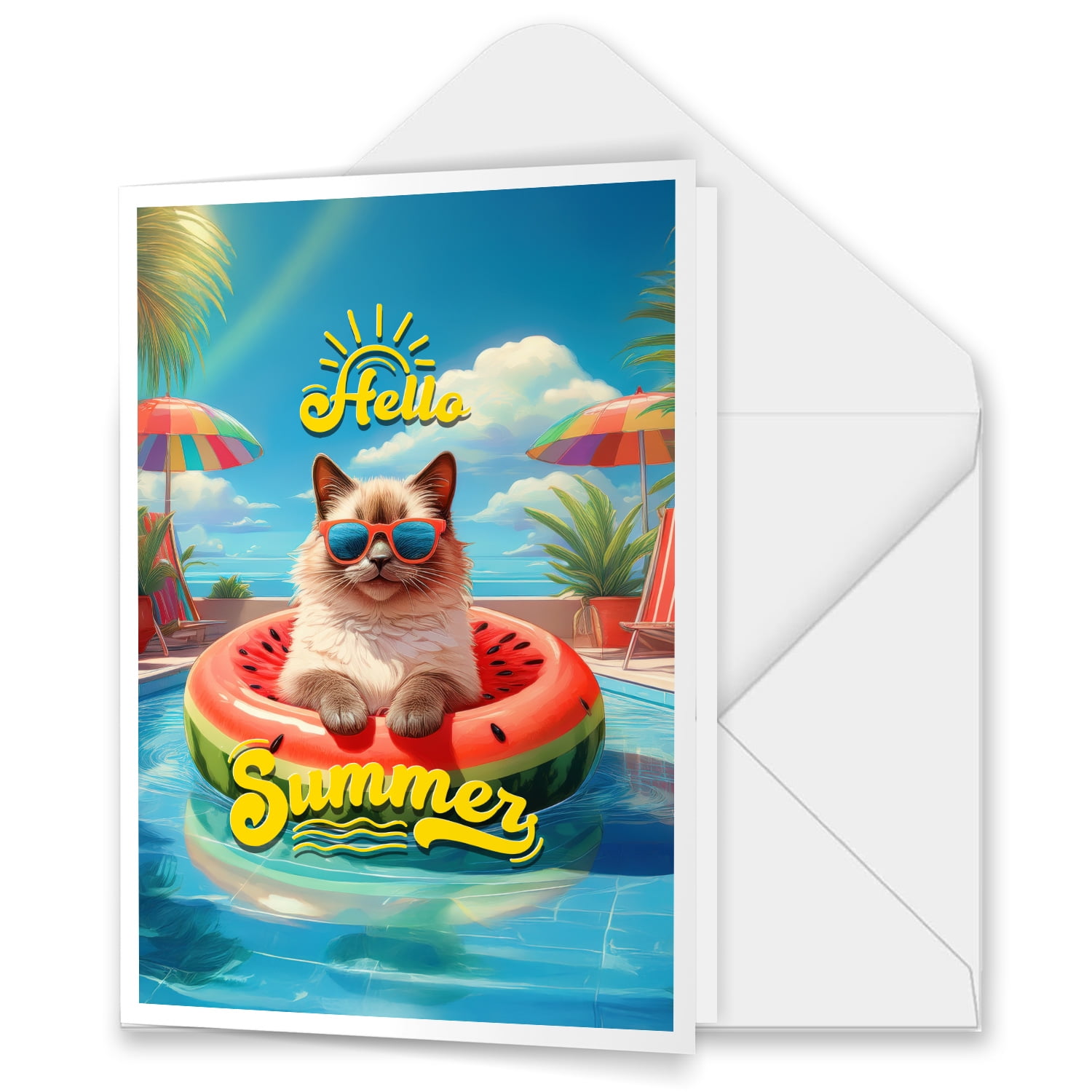 Hello Summer Ragdoll Pool Day on Watermelon Float 5x7in Folded Greeting ...
