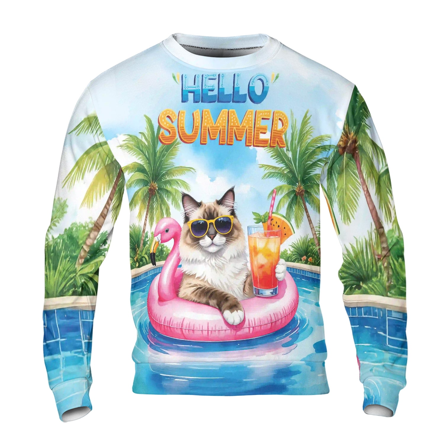 Hello Summer Ragdoll at Swimming Pool Flamingo Swim Ring All Over Print ...