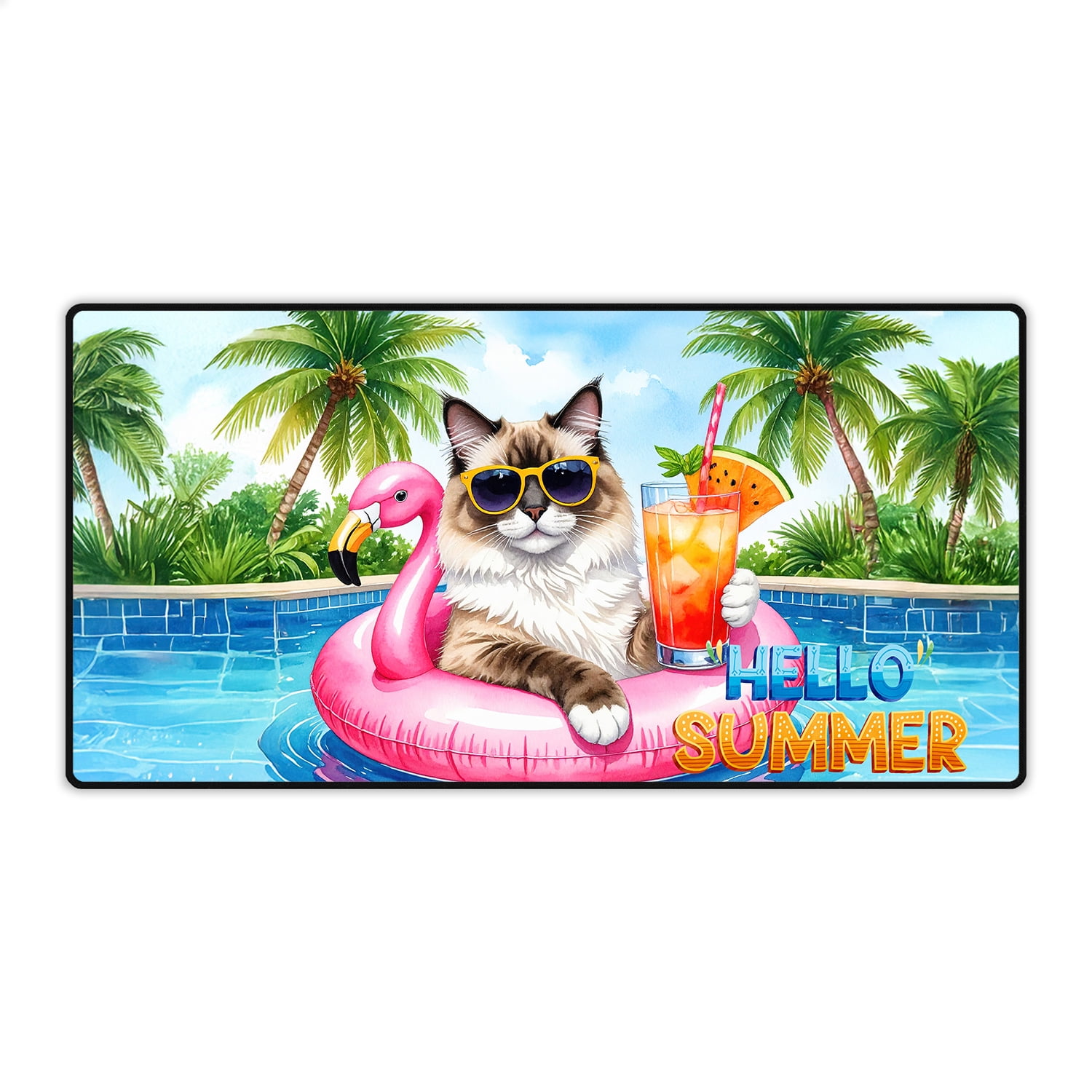 Hello Summer Ragdoll at Swimming Pool Flamingo Swim Ring Desk Mat Full ...