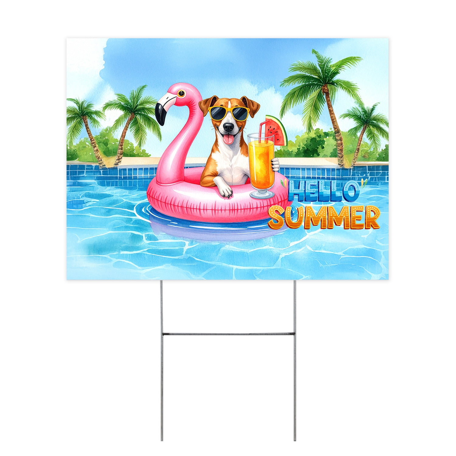 Hello Summer Rat Terrier at Swimming Pool Flamingo Swim Ring Yard Sign ...