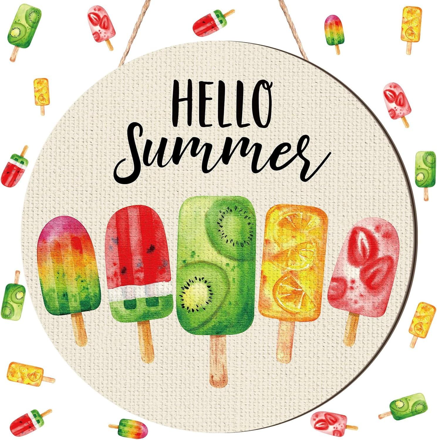 Hello Summer Round Wooden Door Sign Decor Ice Cream Wreath Front Door ...