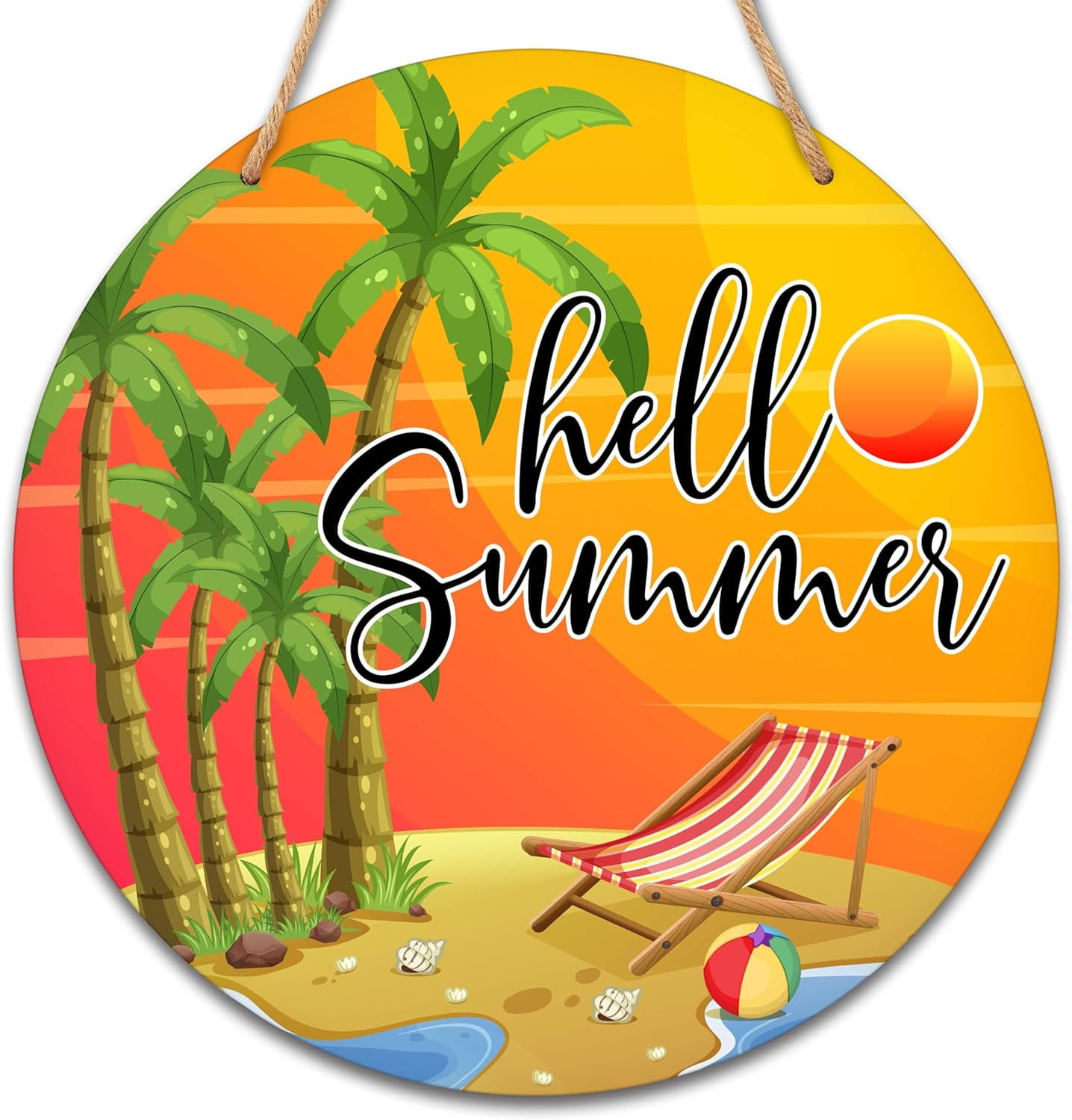 Hello Summer Round Wooden Door Sign Decor, Summer Beach Wooden Hanging ...