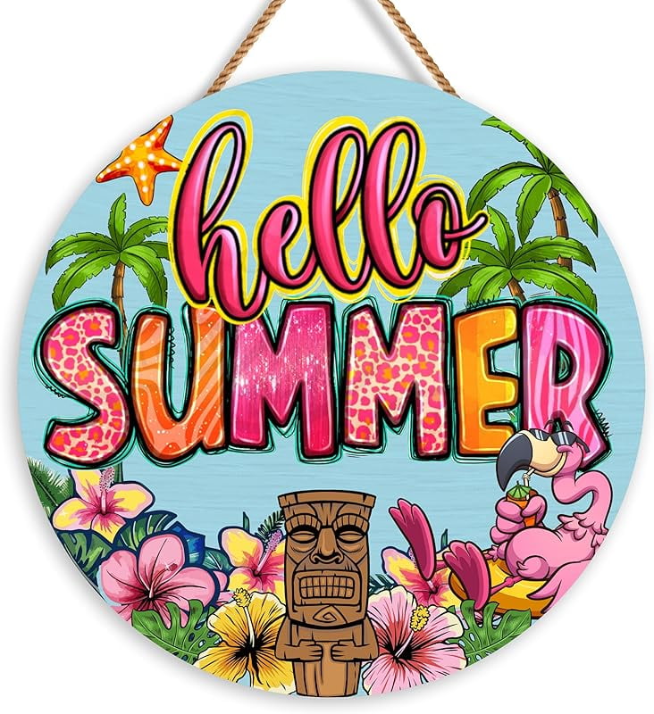 Hello Summer Round Wooden Door Sign Decorations,Wooden Hanger Wall ...