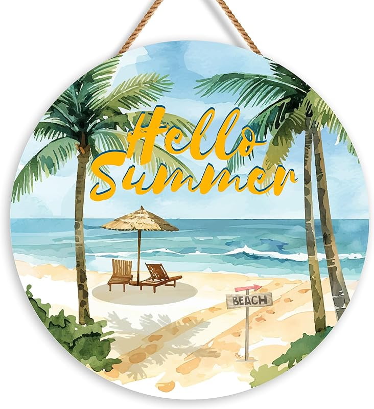 Hello Summer Round Wooden Door Sign Decorations,Wooden Hanger Wall ...