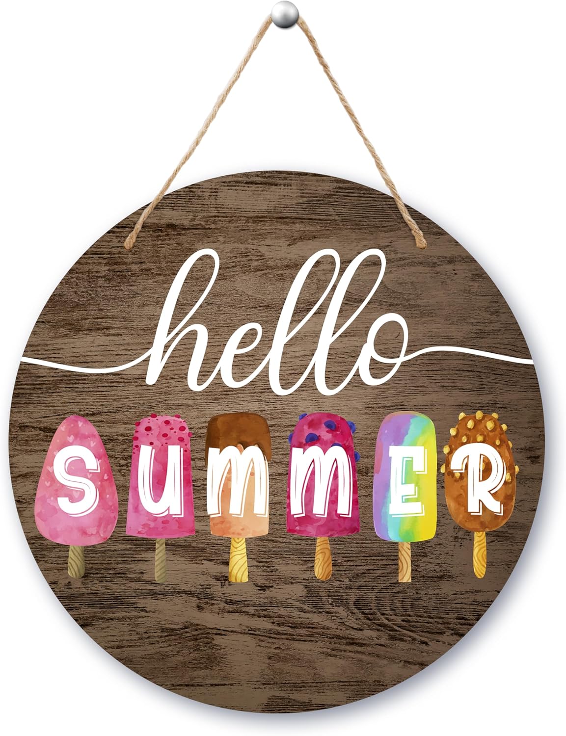 Hello Summer Round Wooden Door Sign, Ice Cream Front Door Decor, Beach ...