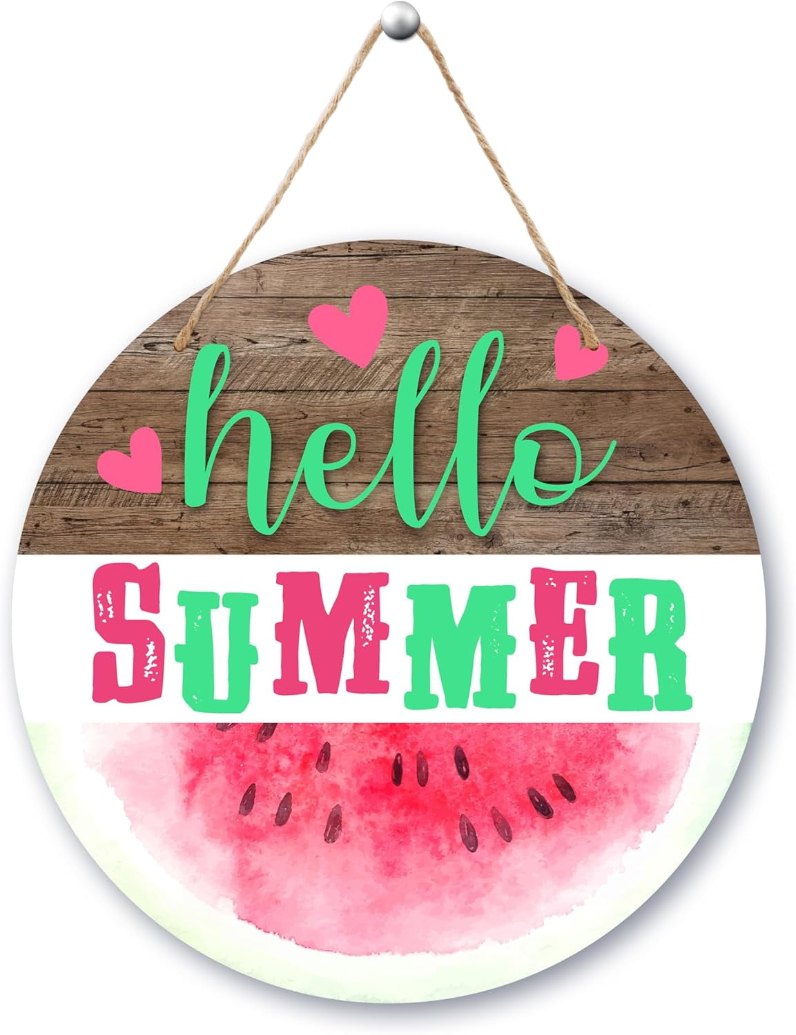 Hello Summer Round Wooden Door Sign, Watermelon Front Door Decor, Beach ...