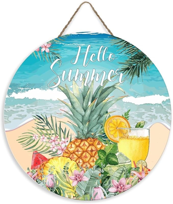 Hello Summer Round Wooden Porch Sign Door Hanger Cocktail Floral Beach ...