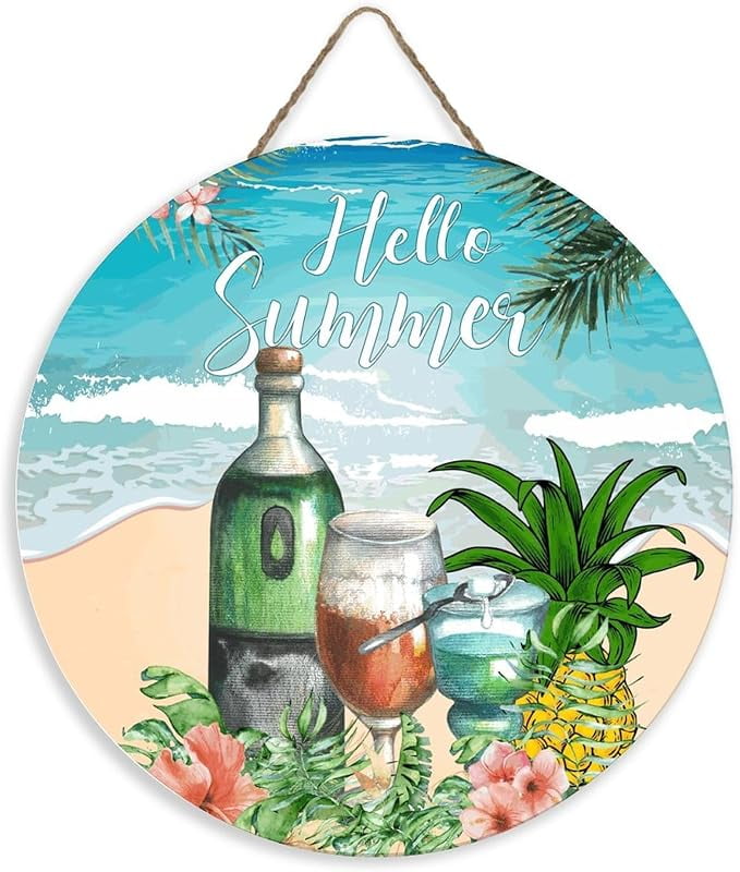 Hello Summer Round Wooden Porch Sign Door Hanger Cocktail Floral Beach ...