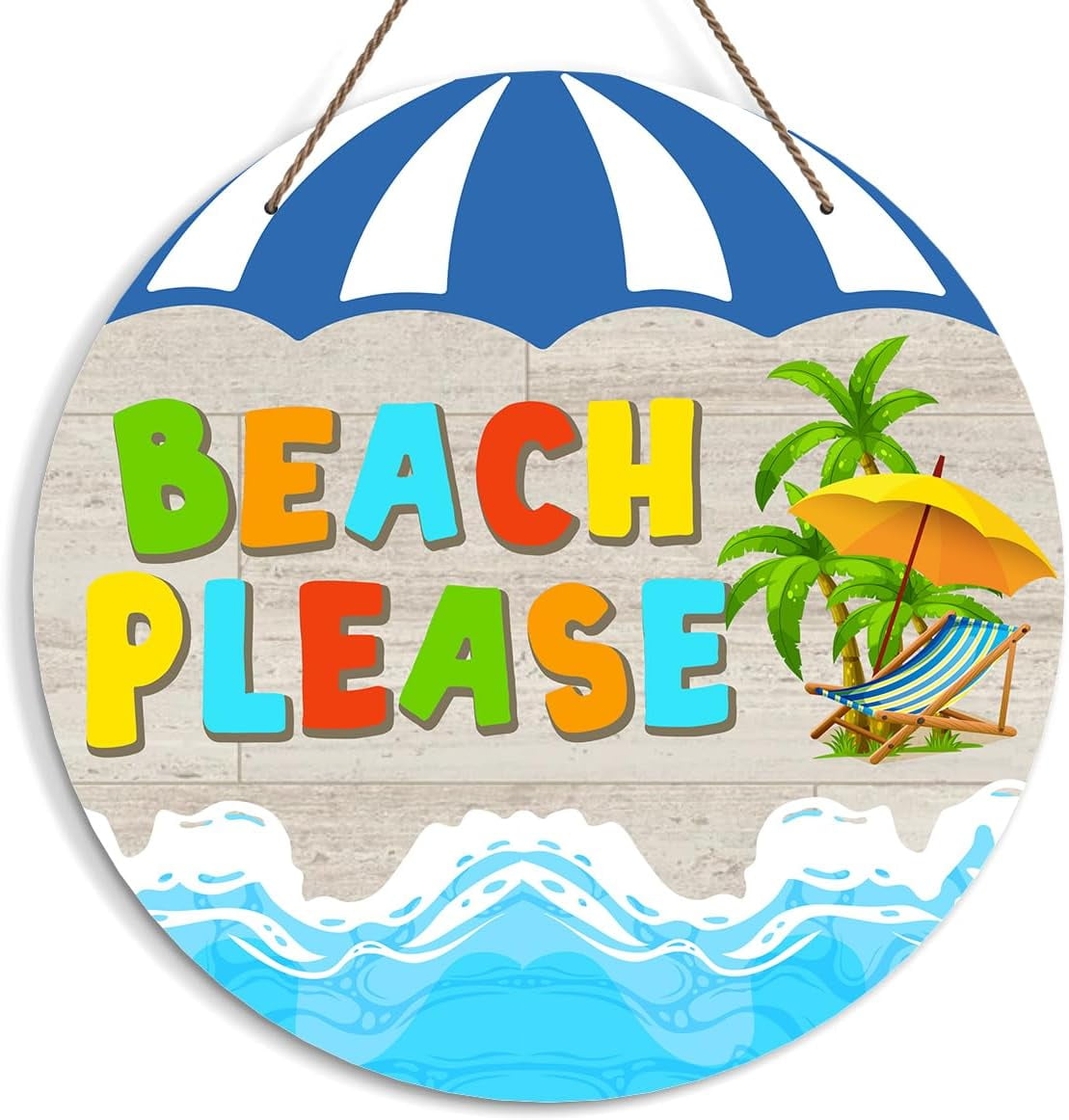 Hello Summer Round Wooden Sign for Front Door, Beach Welcome Door Sign ...