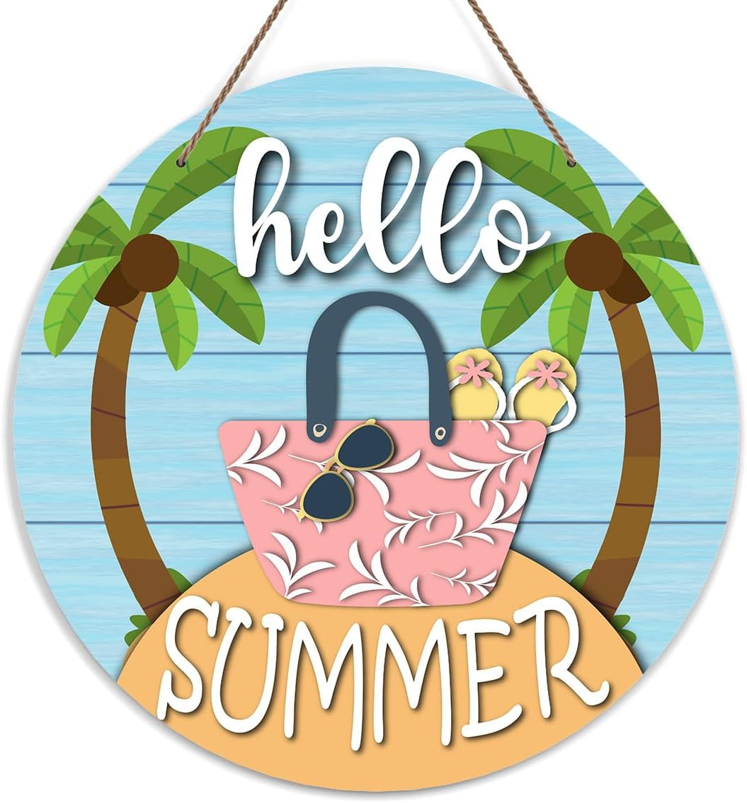 Hello Summer Round Wooden Welcome Door Sign, Beach Decor Wooden Sign ...