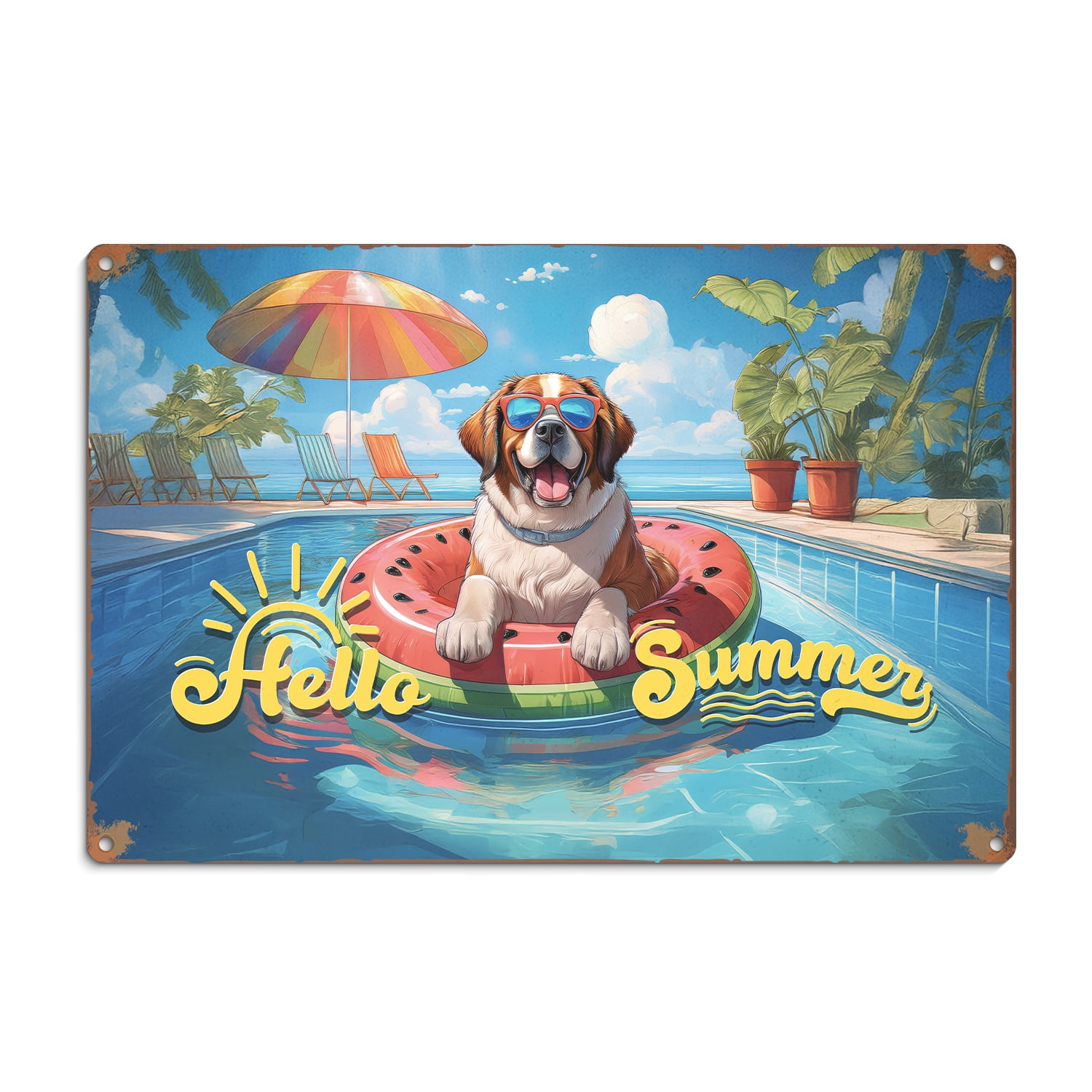 Hello Summer Saint Bernard Pool Day on Watermelon Float Horizontal ...