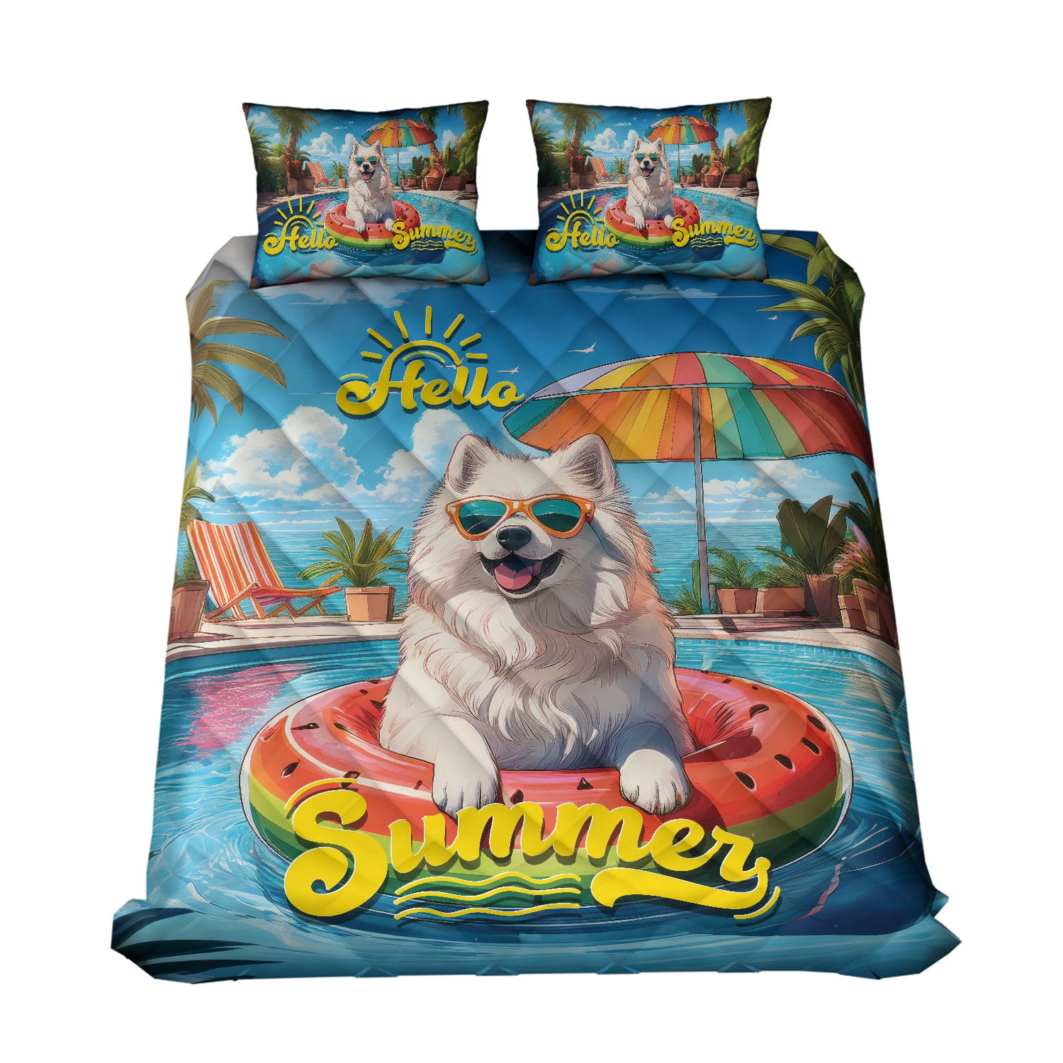 Hello Summer Samoyed Pool Day on Watermelon Float Quilt Bedding Set ...