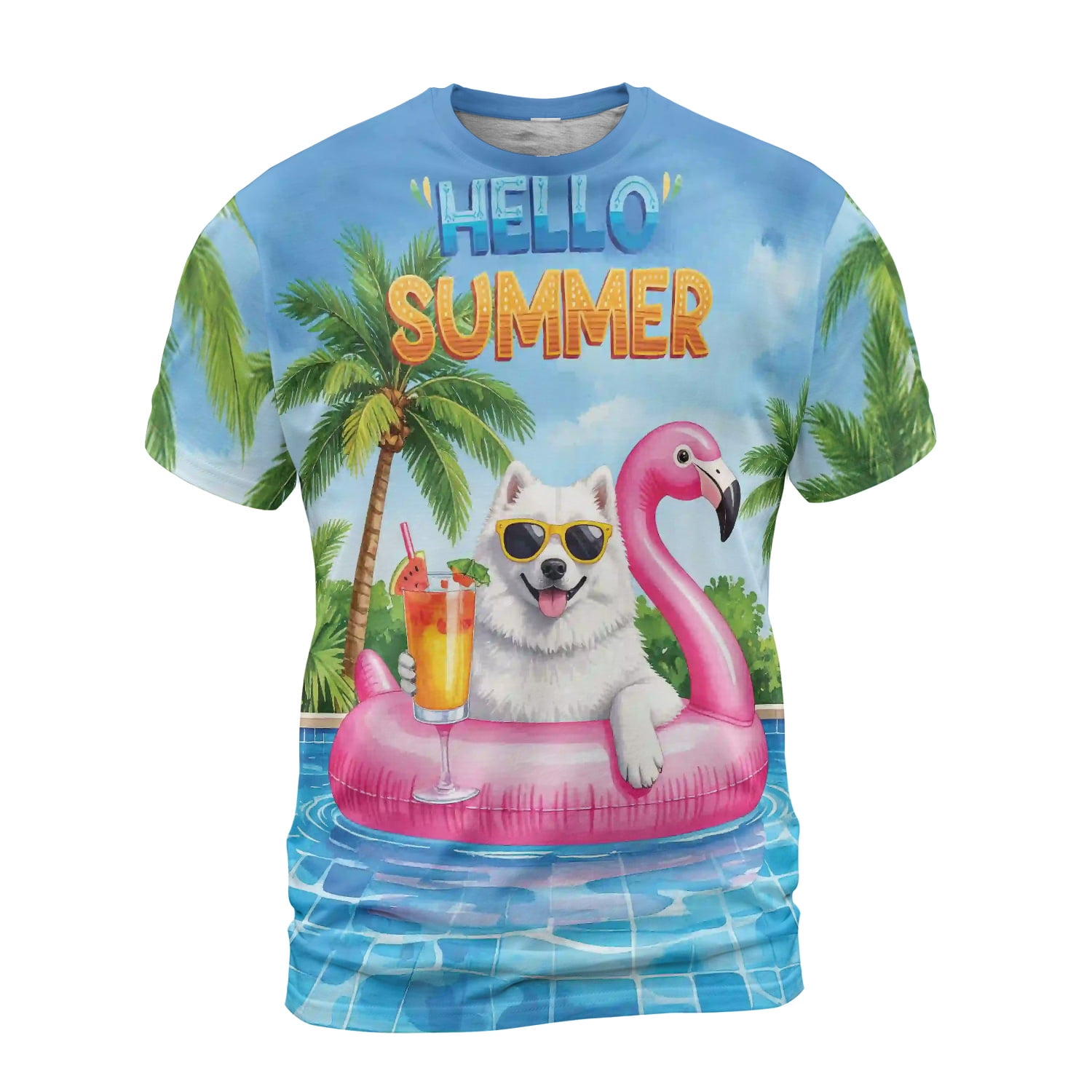 Hello Summer Samoyed at Swimming Pool Flamingo Swim Ring All Over Print ...