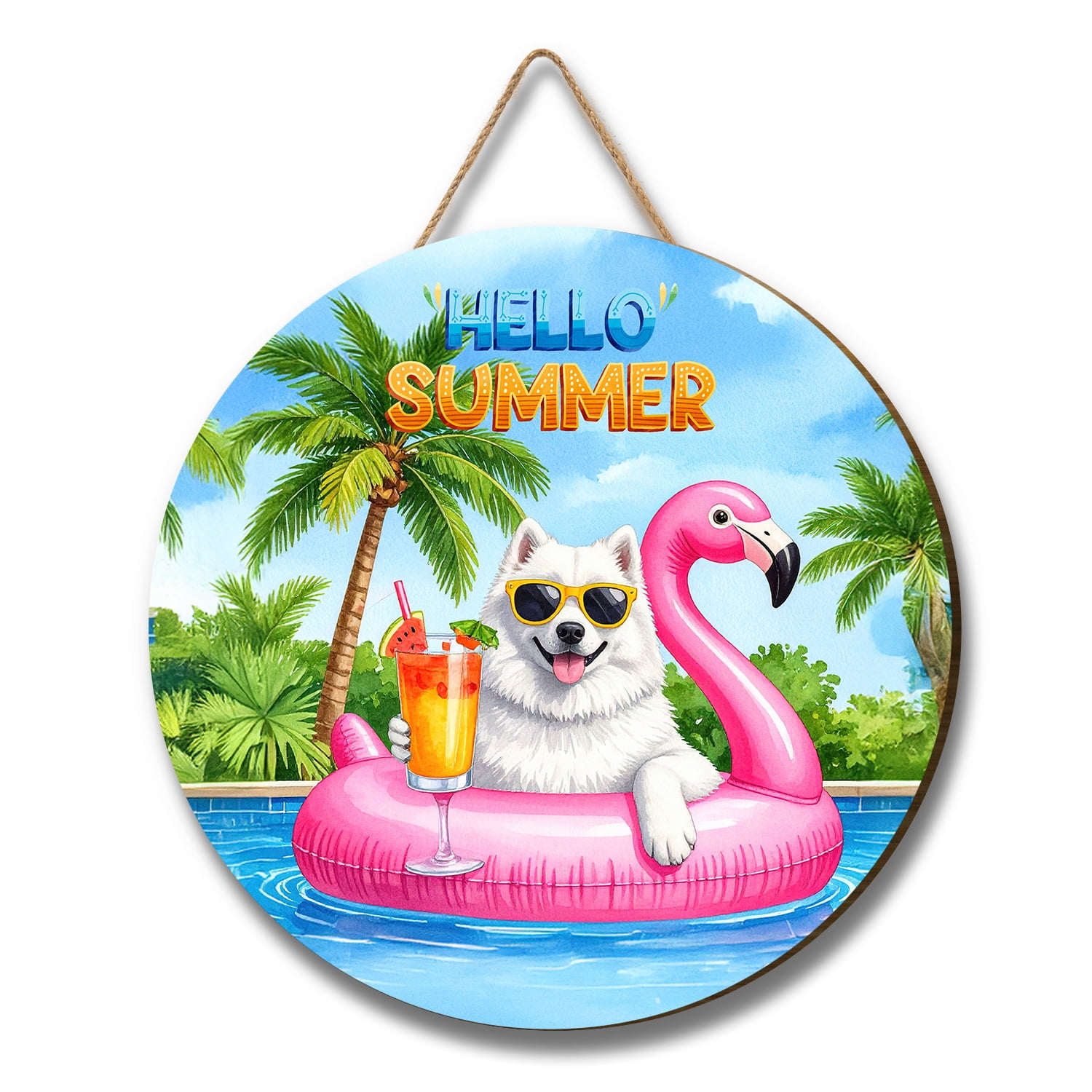 Hello Summer Samoyed at Swimming Pool Flamingo Swim Ring Round Wood ...