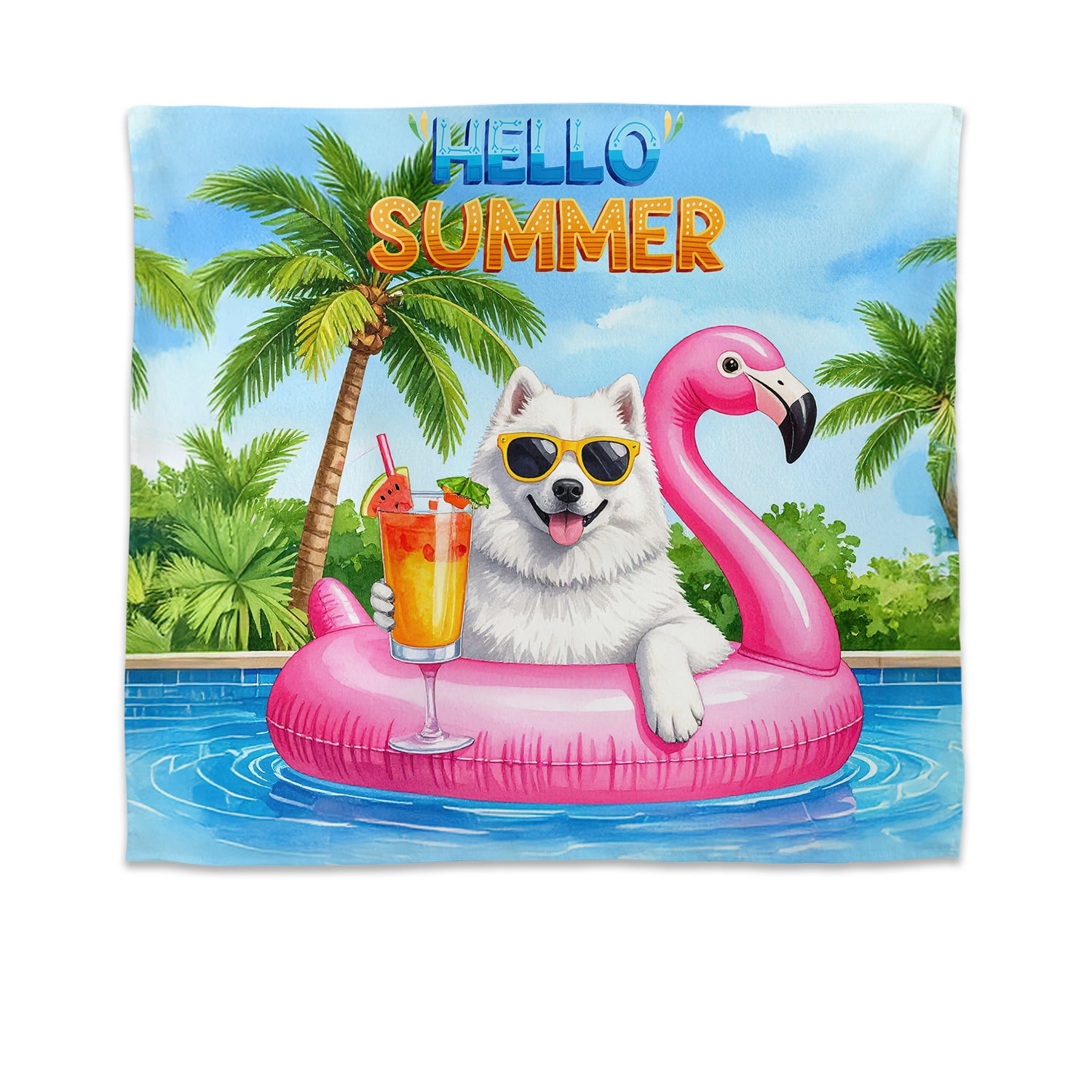 Hello Summer Samoyed at Swimming Pool Flamingo Swim Ring Tapestry ...