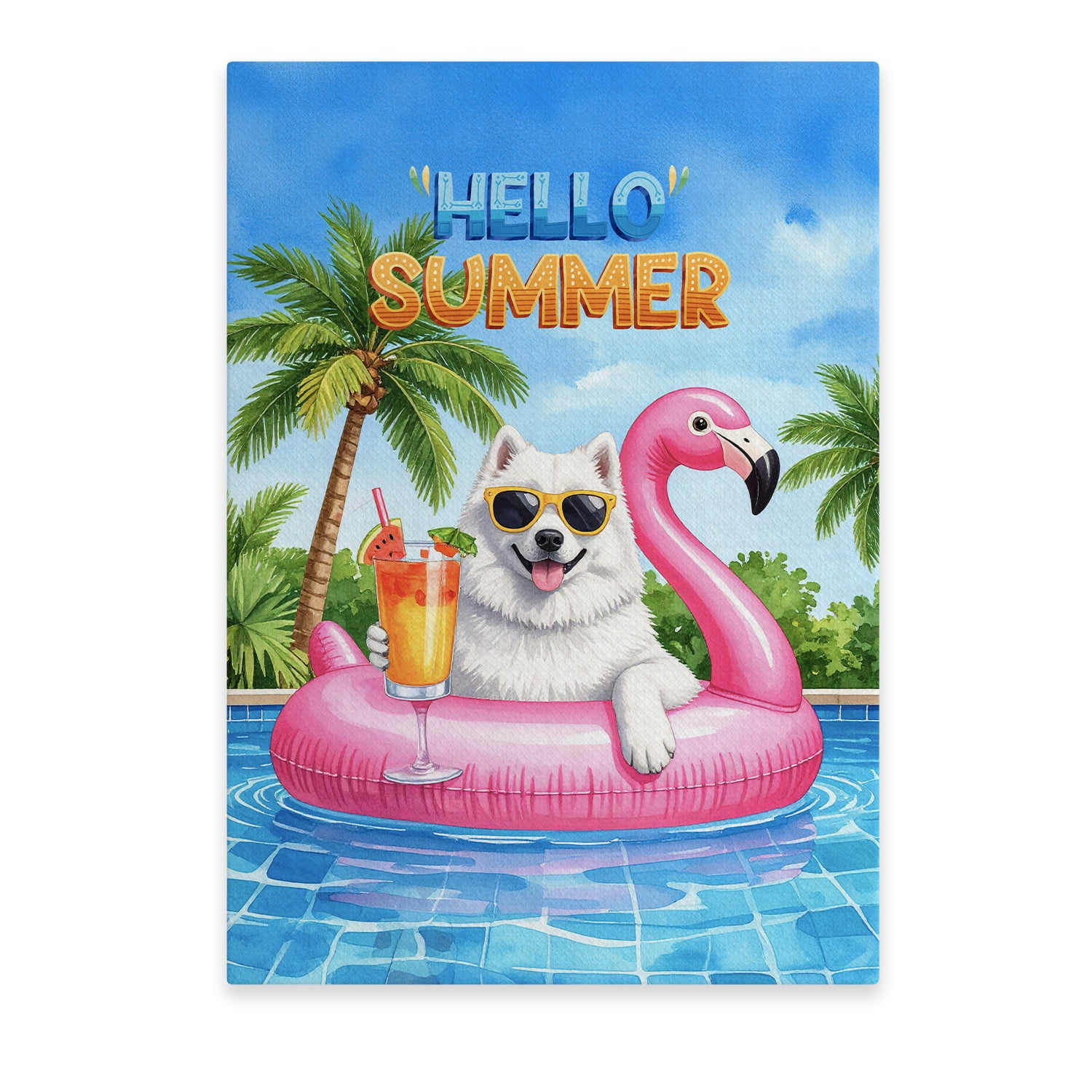 Hello Summer Samoyed at Swimming Pool Flamingo Swim Ring Vertical Matte ...