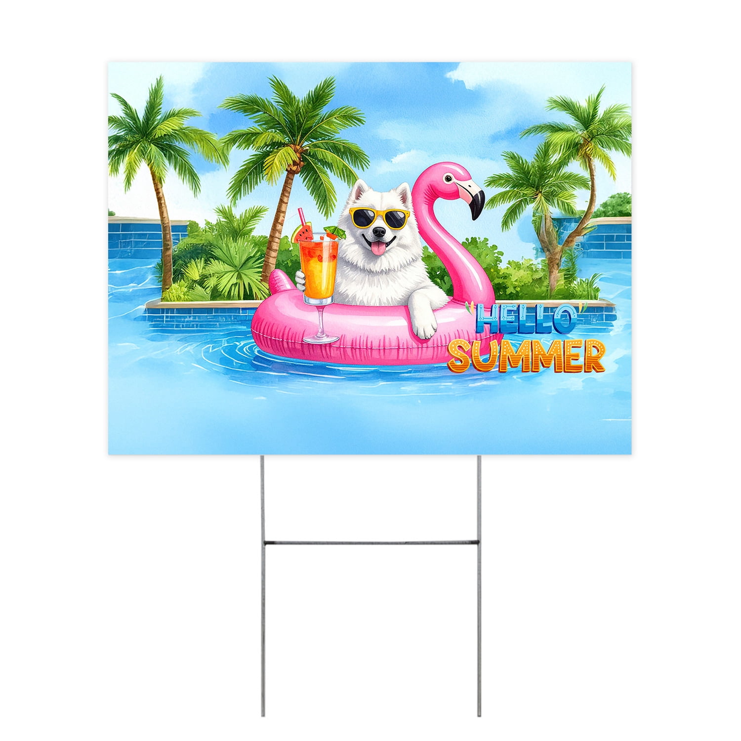 Hello Summer Samoyed at Swimming Pool Flamingo Swim Ring Yard Sign ...