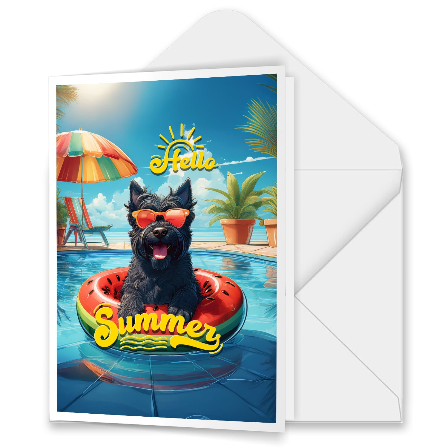 Hello Summer Scottish Terrier Pool Day on Watermelon Float 5x7in Folded ...