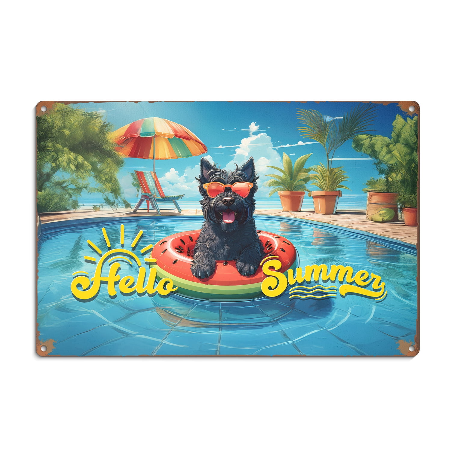 Hello Summer Scottish Terrier Pool Day on Watermelon Float Horizontal ...