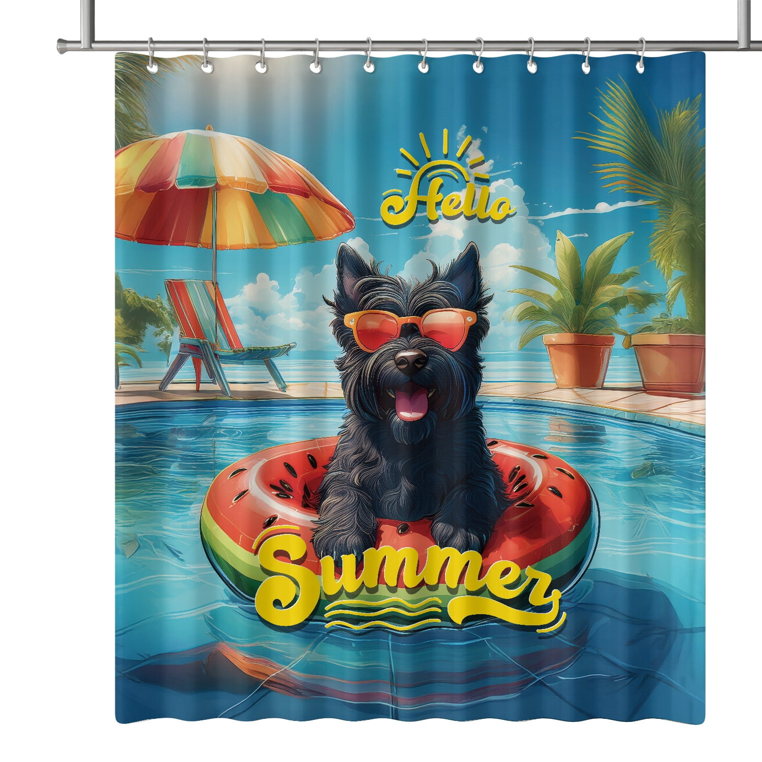 Hello Summer Scottish Terrier Pool Day on Watermelon Float Shower ...