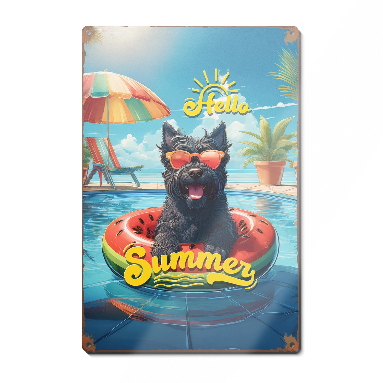 Hello Summer Scottish Terrier Pool Day on Watermelon Float Vertical ...