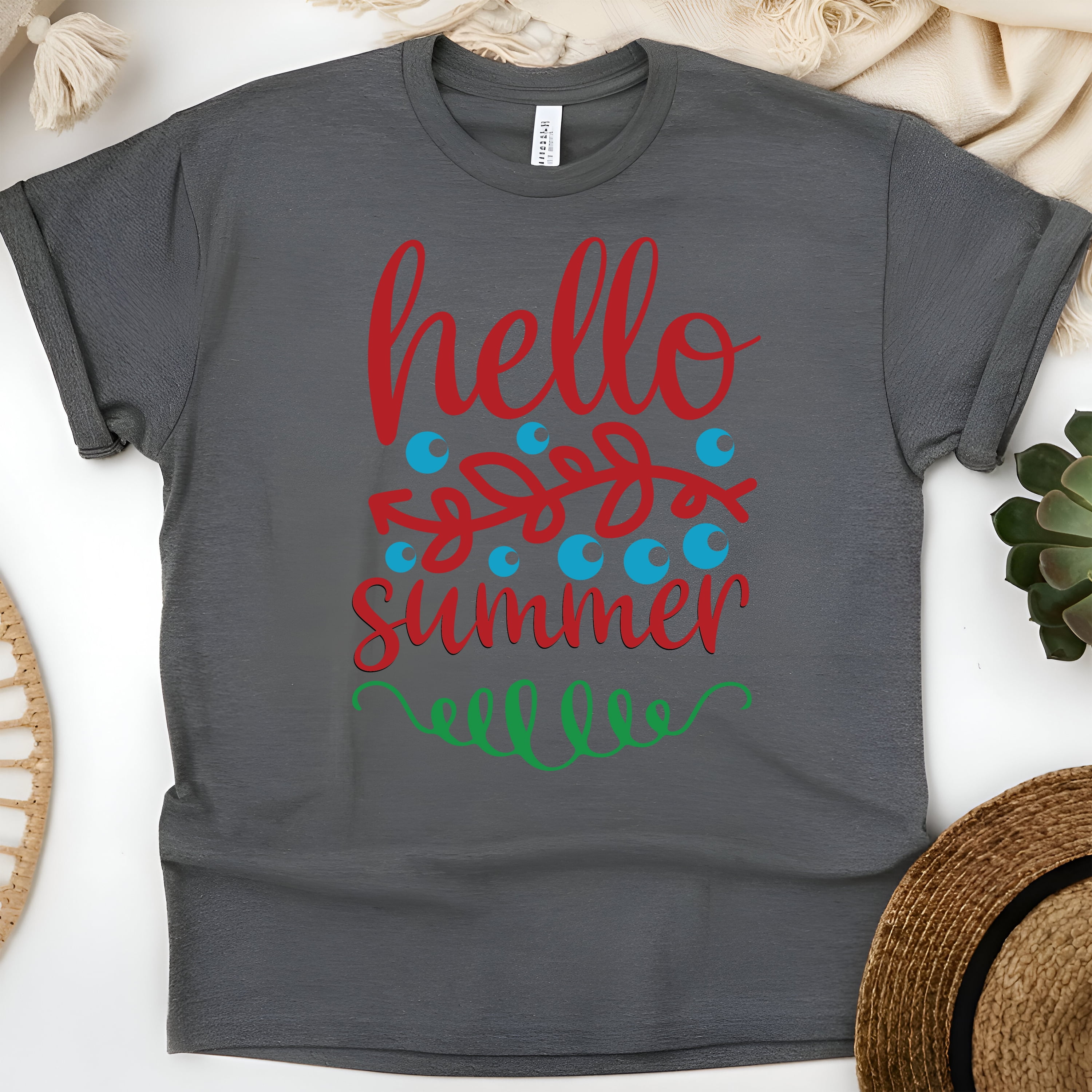 Hello Summer Script Tee – Red Lettering with Blue Bubbles Design, Dark ...