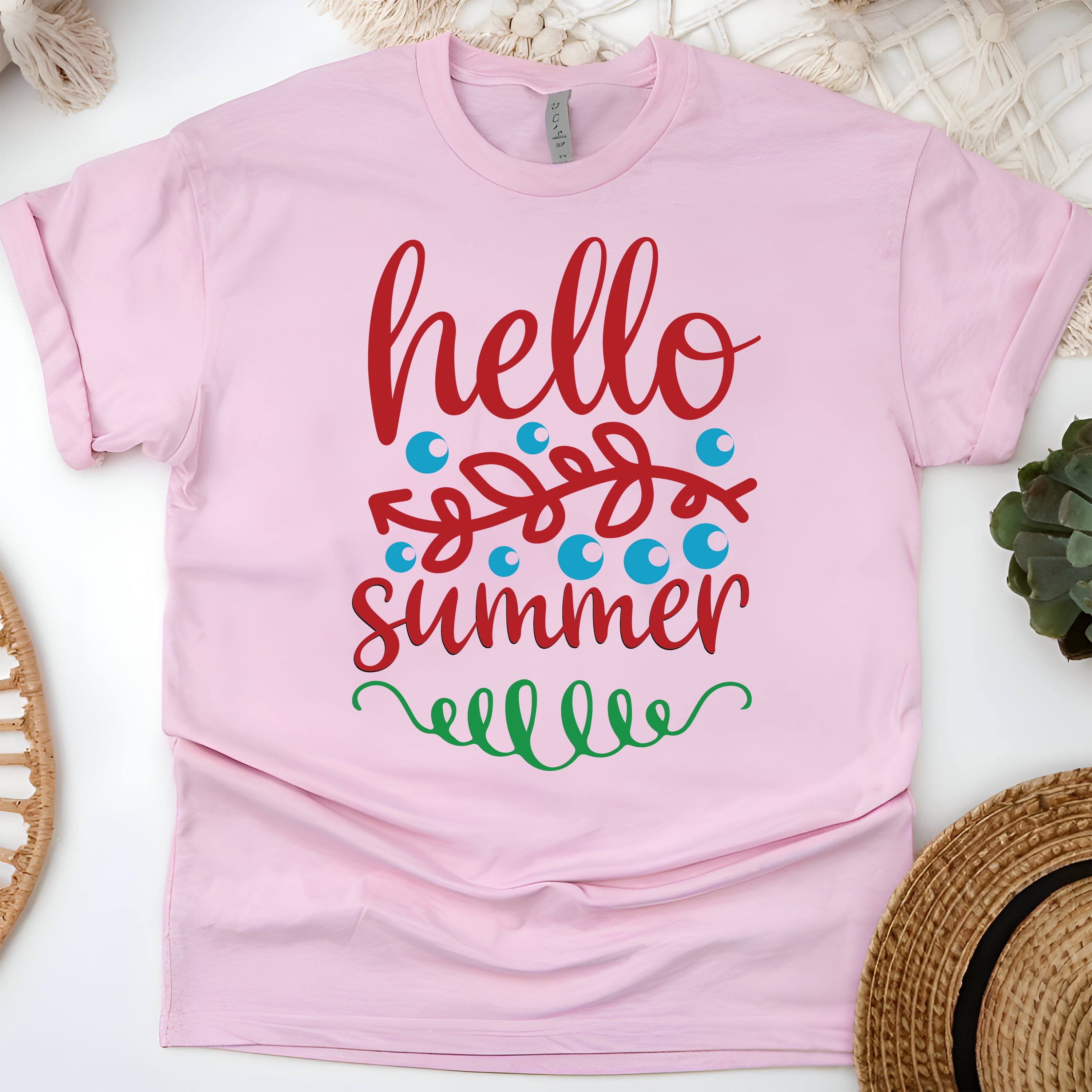 Hello Summer Script Tee – Red Lettering with Blue Bubbles Design, Light ...