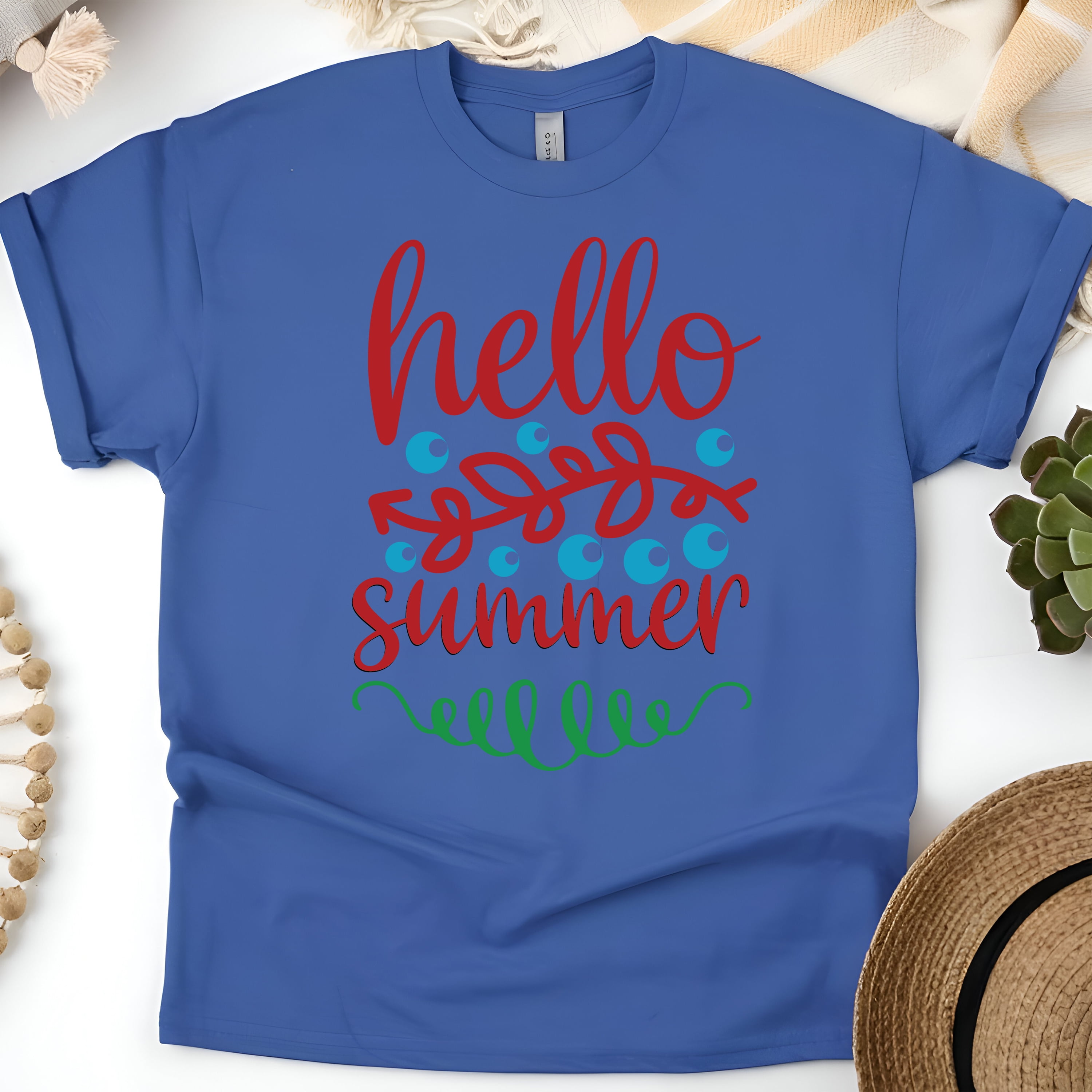 Hello Summer Script Tee – Red Lettering with Blue Bubbles Design, Royal ...