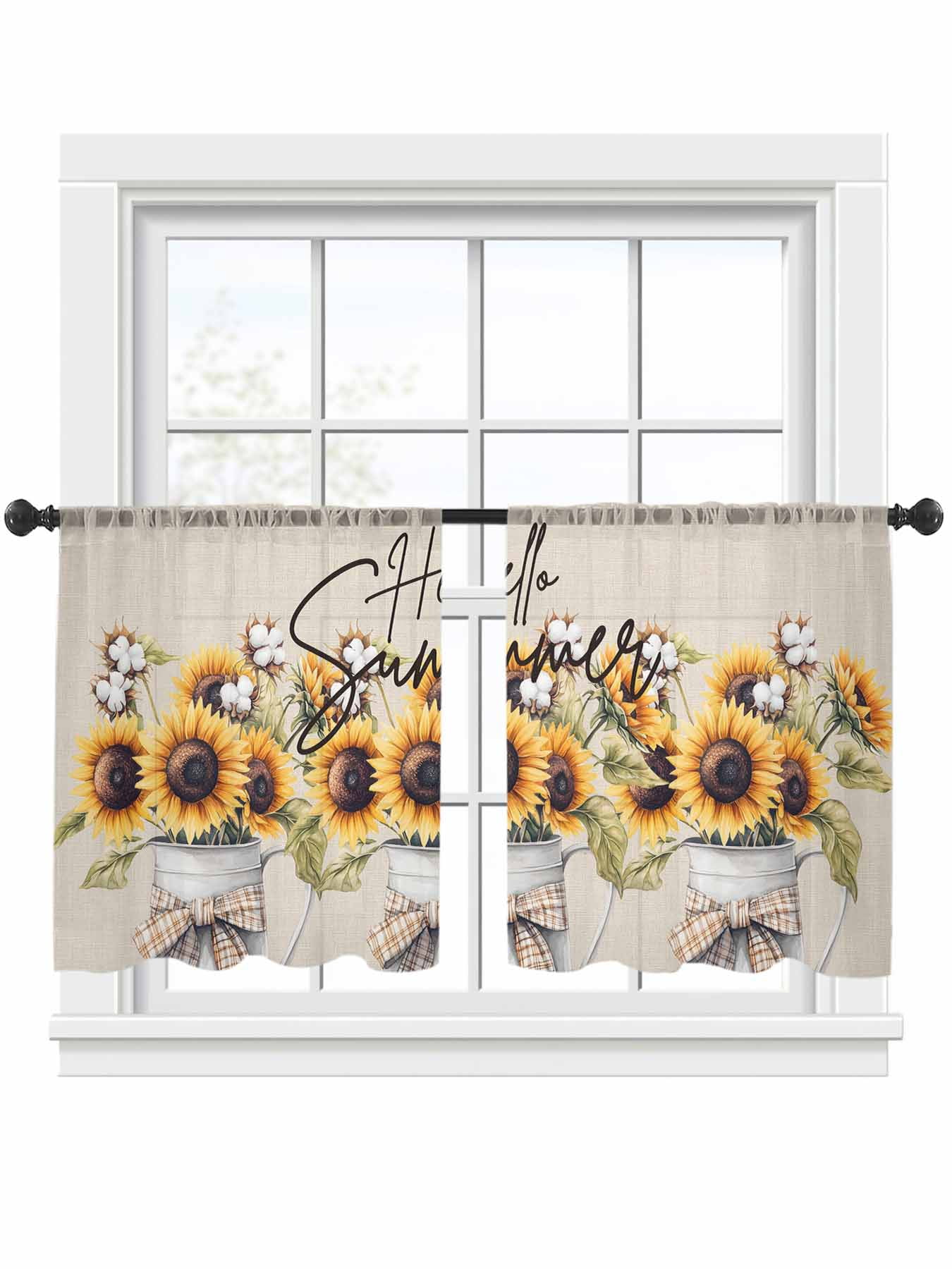 Hello Summer Sheer Curtains 2 Panels Set Yellow Sunflower Bow Linen ...