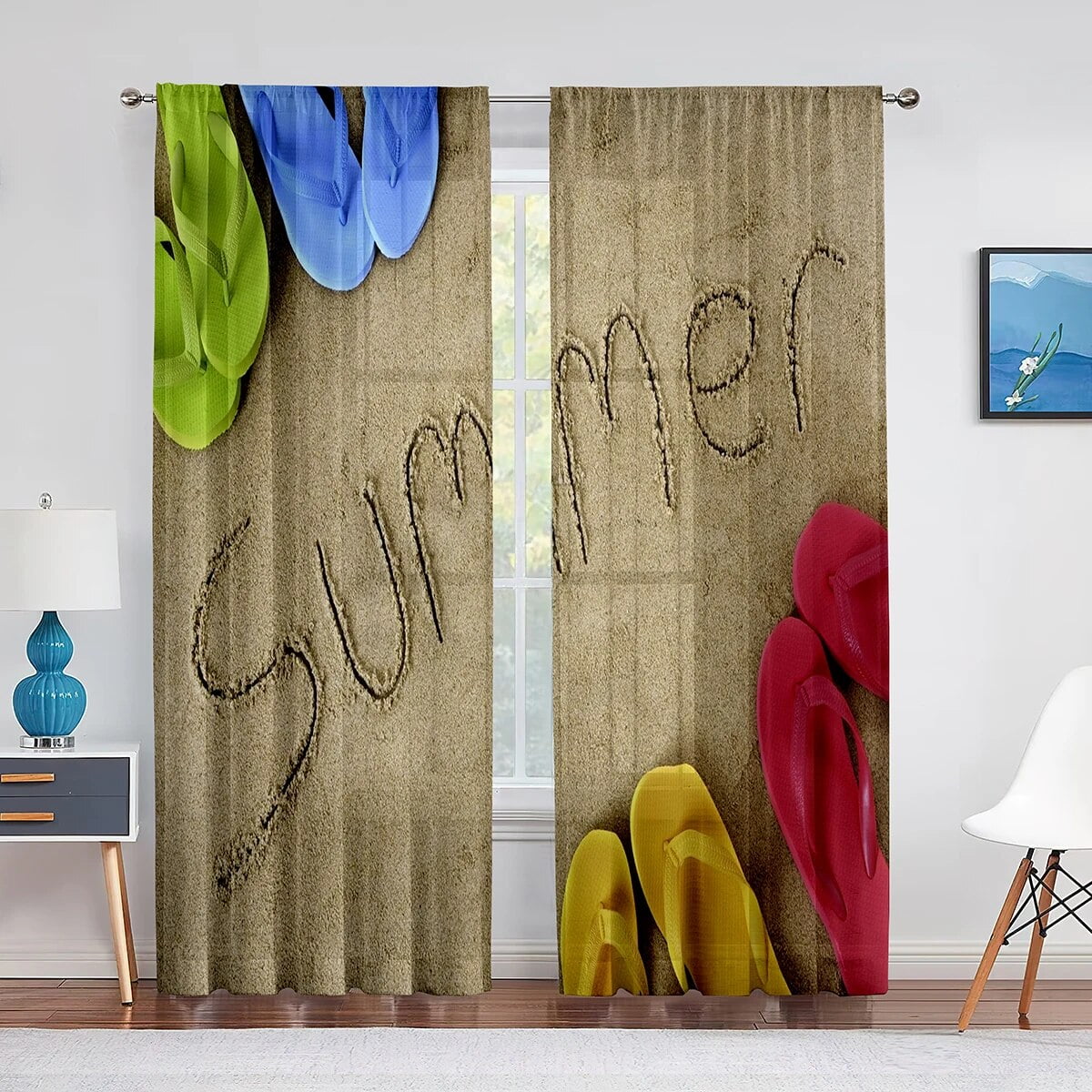 Hello Summer Sheer Voile Curtains Watermelon Fruit Food Summer Painting ...