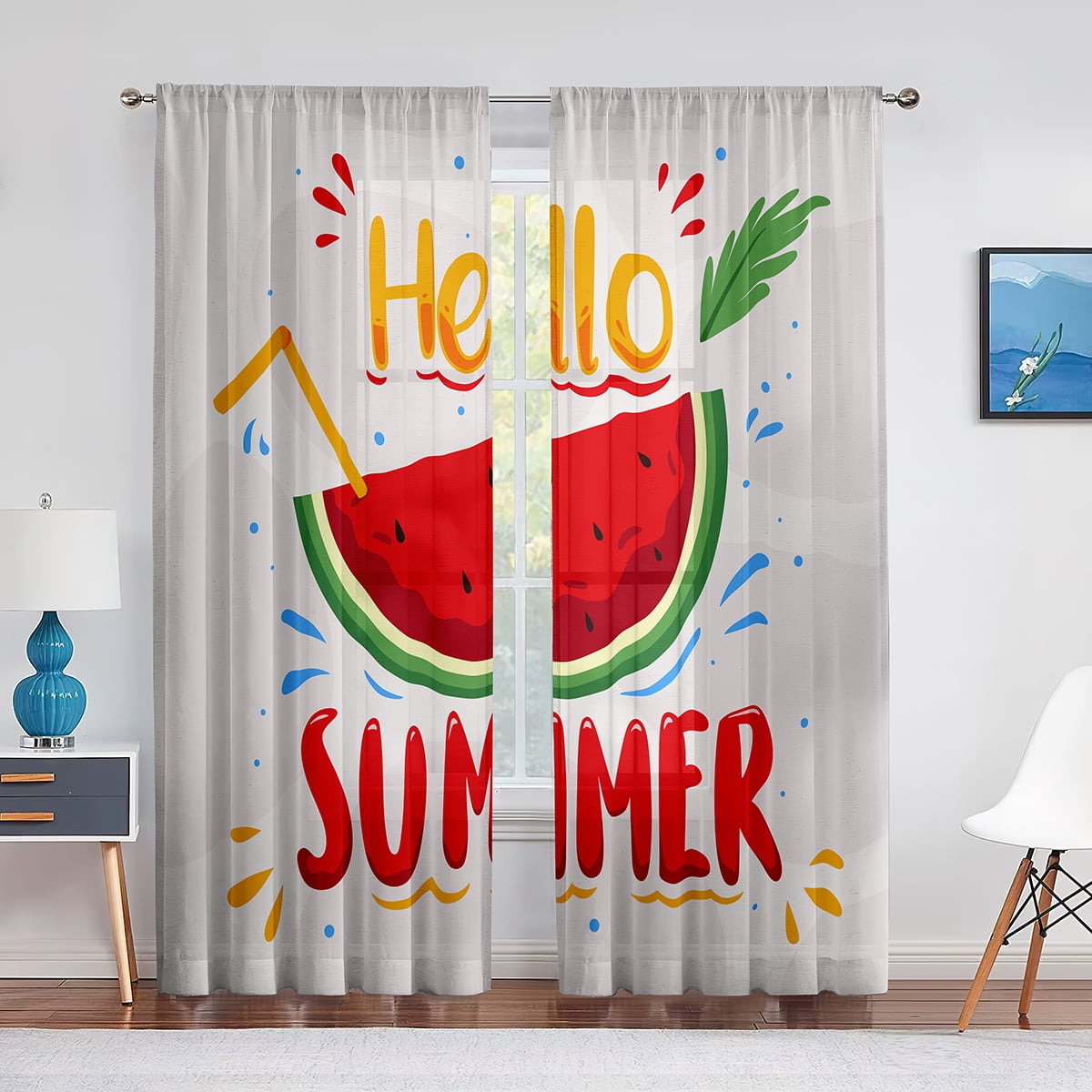 Hello Summer Sheer Voile Curtains Watermelon Fruit Food Summer Painting ...