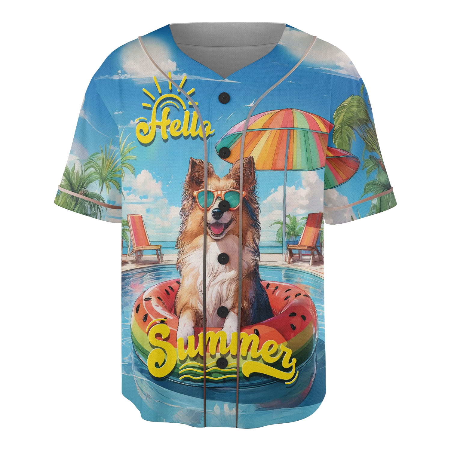 Hello Summer Shetland Sheepdog Pool Day on Watermelon Float All Over ...