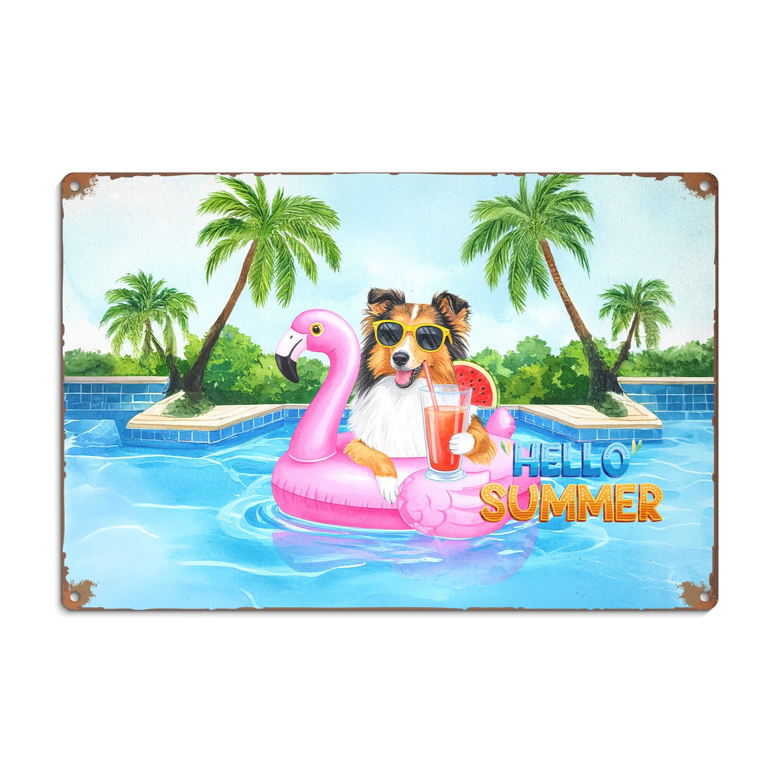 Hello Summer Shetland Sheepdog at Swimming Pool Flamingo Swim Ring ...