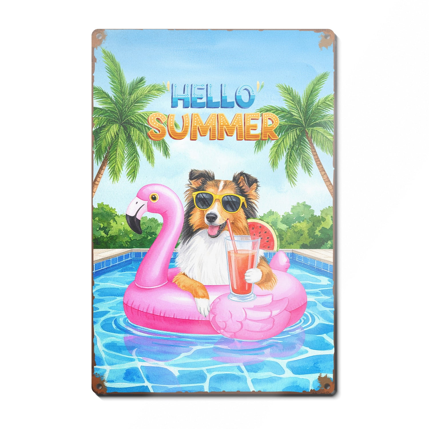 Hello Summer Shetland Sheepdog at Swimming Pool Flamingo Swim Ring ...