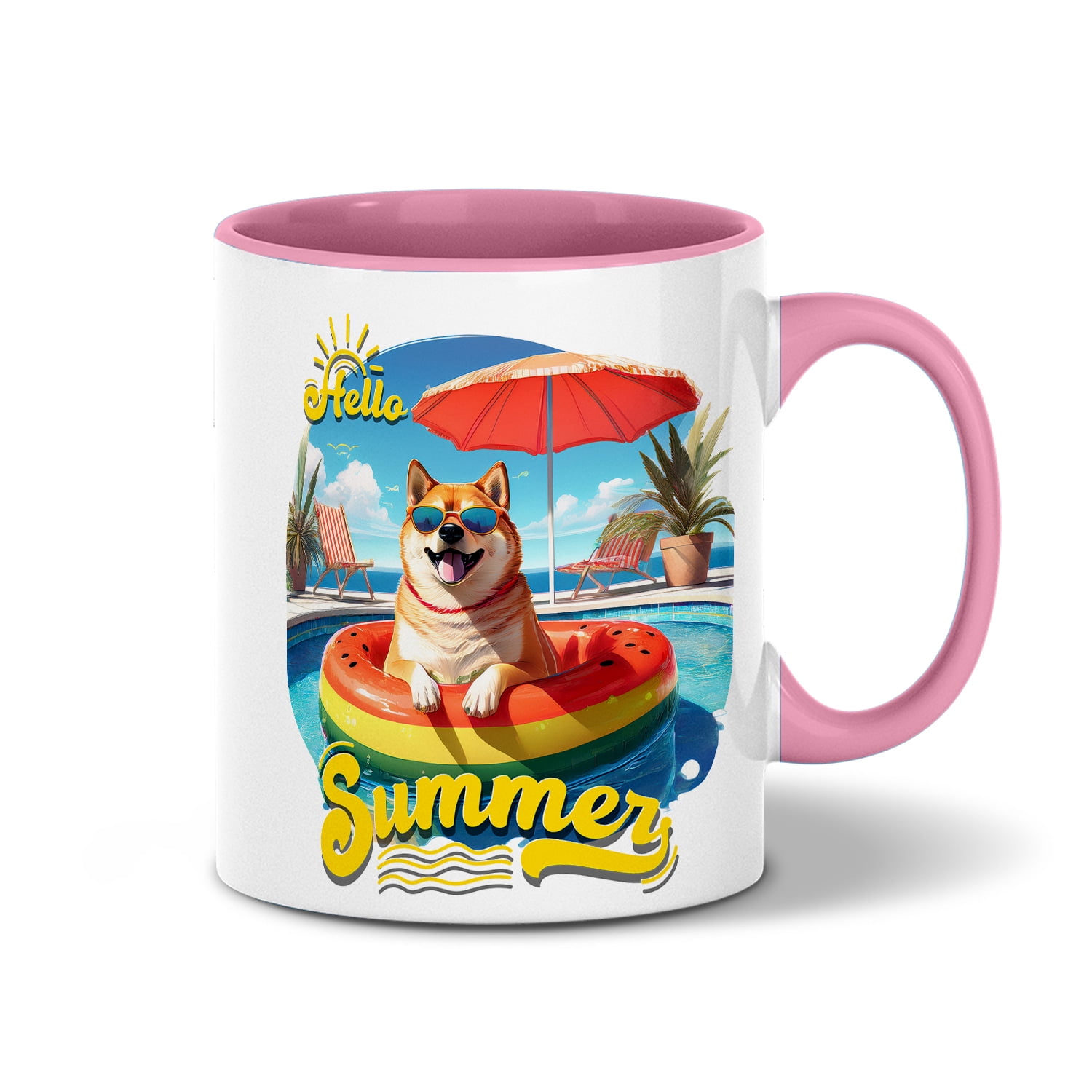 Hello Summer Shiba Inu Pool Day on Watermelon Float 11oz Accent Two ...