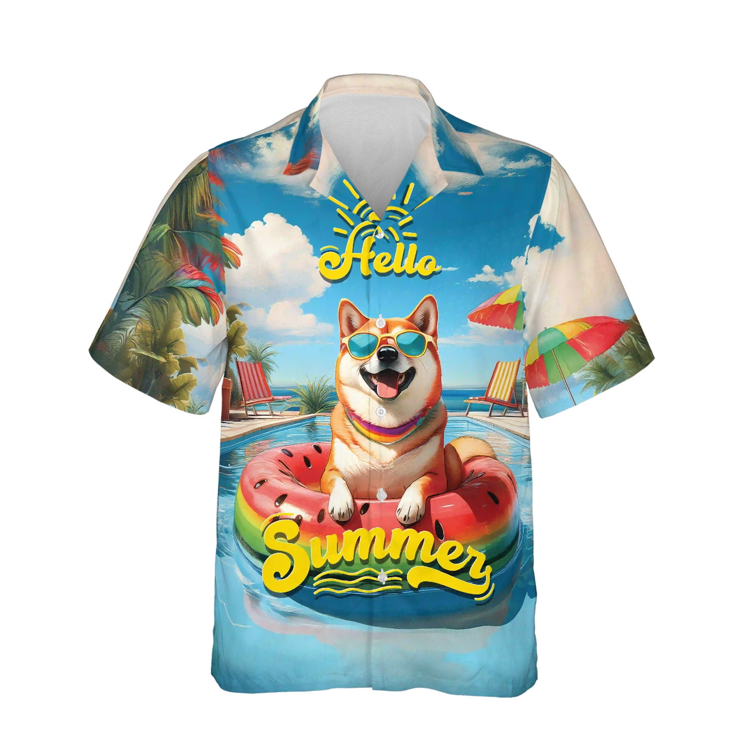 Hello Summer Shiba Inu Pool Day on Watermelon Float Hawaiian Shirt ...