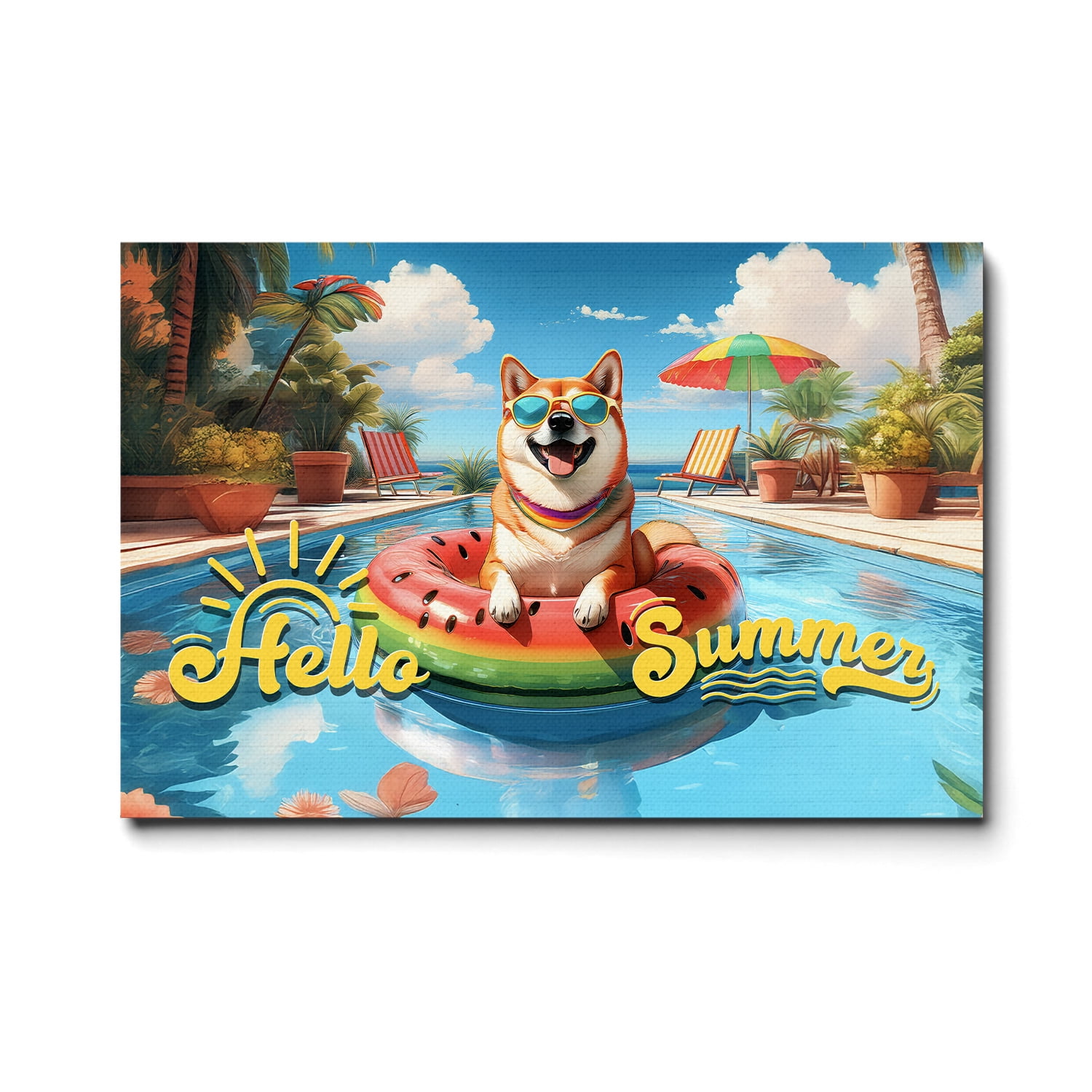 Hello Summer Shiba Inu Pool Day on Watermelon Float Horizontal Matte ...