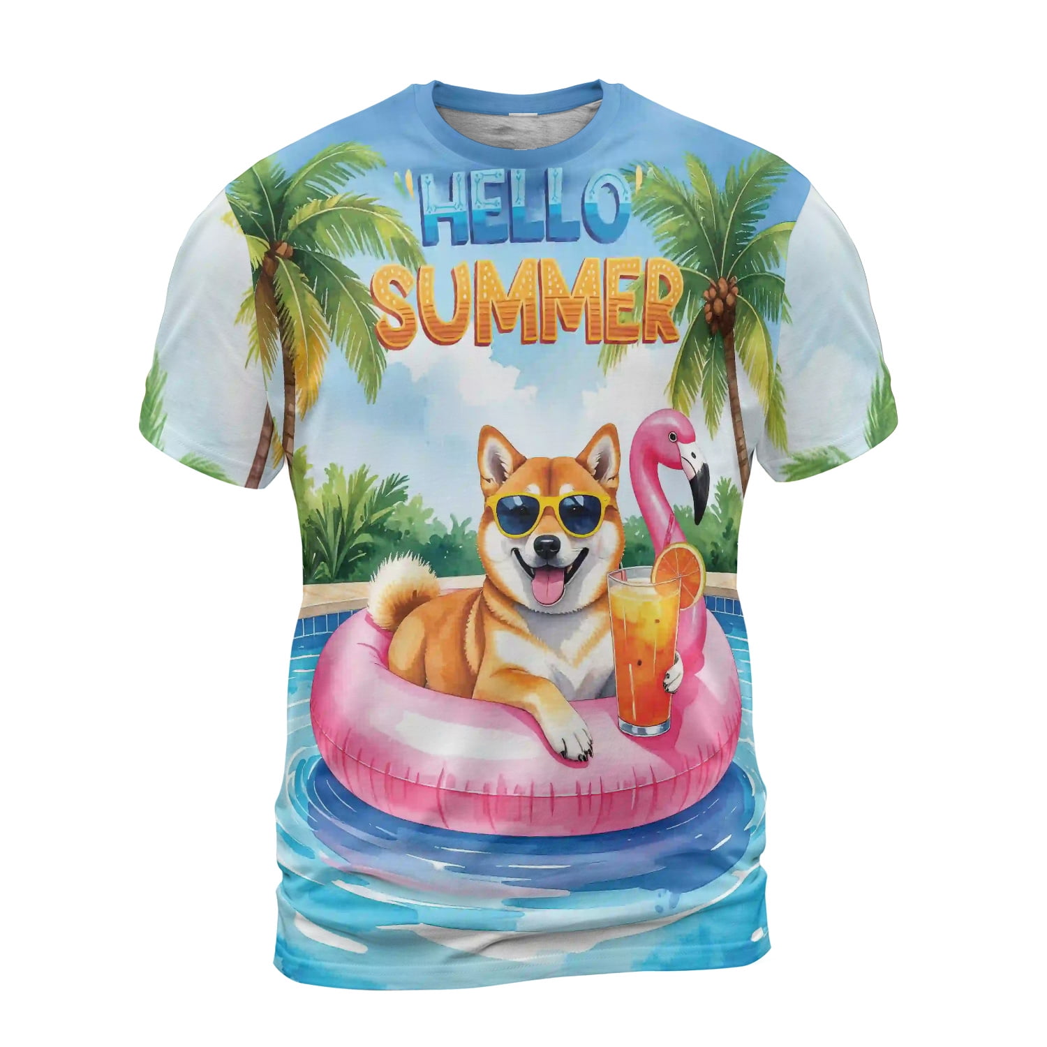Hello Summer Shiba Inu at Swimming Pool Flamingo Swim Ring All Over Print 3D Shirt Unisex Merch ...