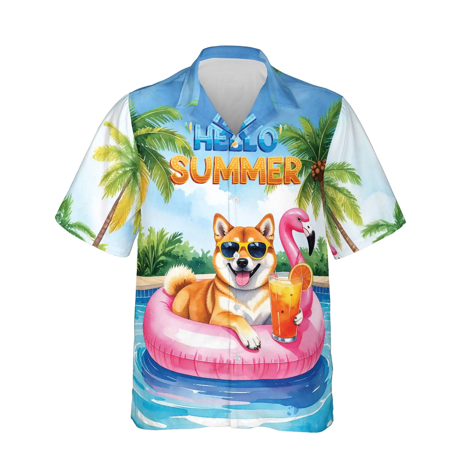 Hello Summer Shiba Inu at Swimming Pool Flamingo Swim Ring Hawaiian ...